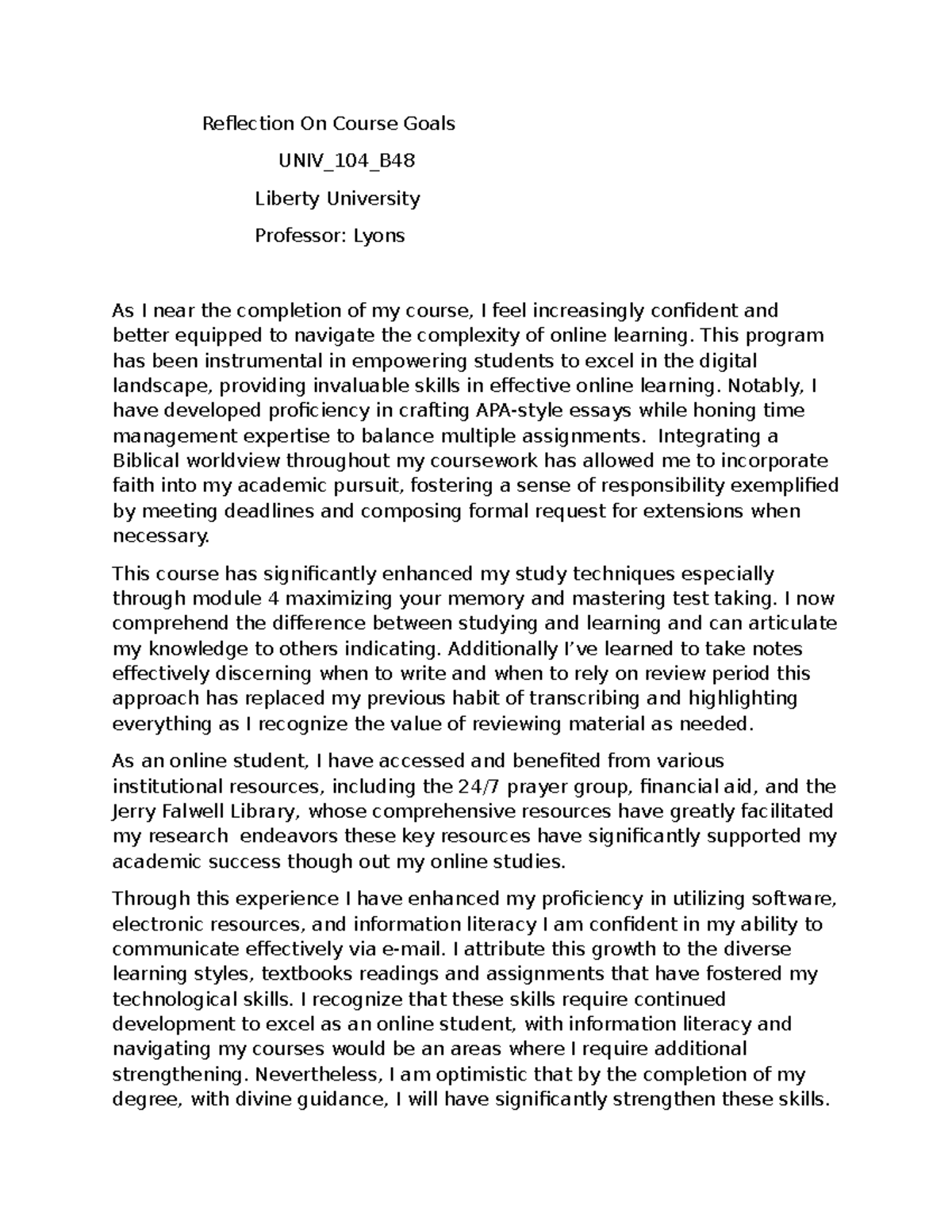 Document (8) refelction on goals - Reflection On Course Goals UNIV_104 ...