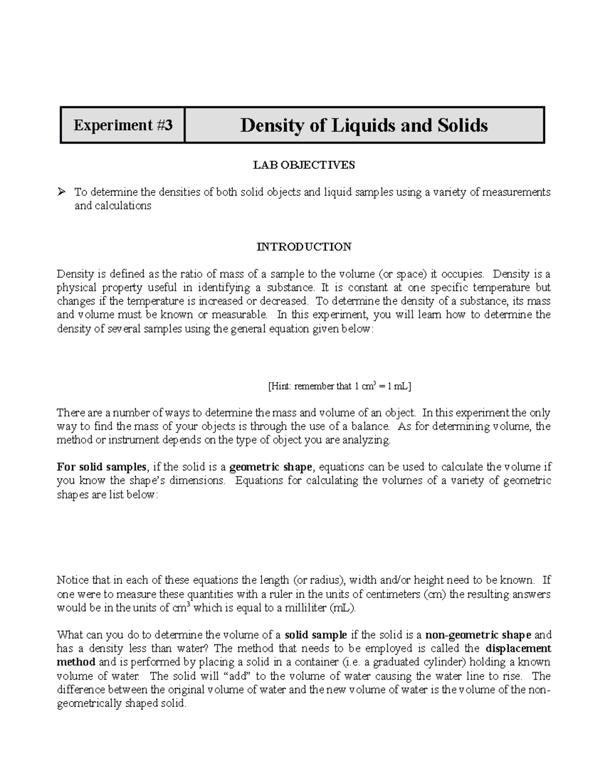 (Exp 03) Density of Liquids and Solids (1) Youstina D - Experiment #3 ...