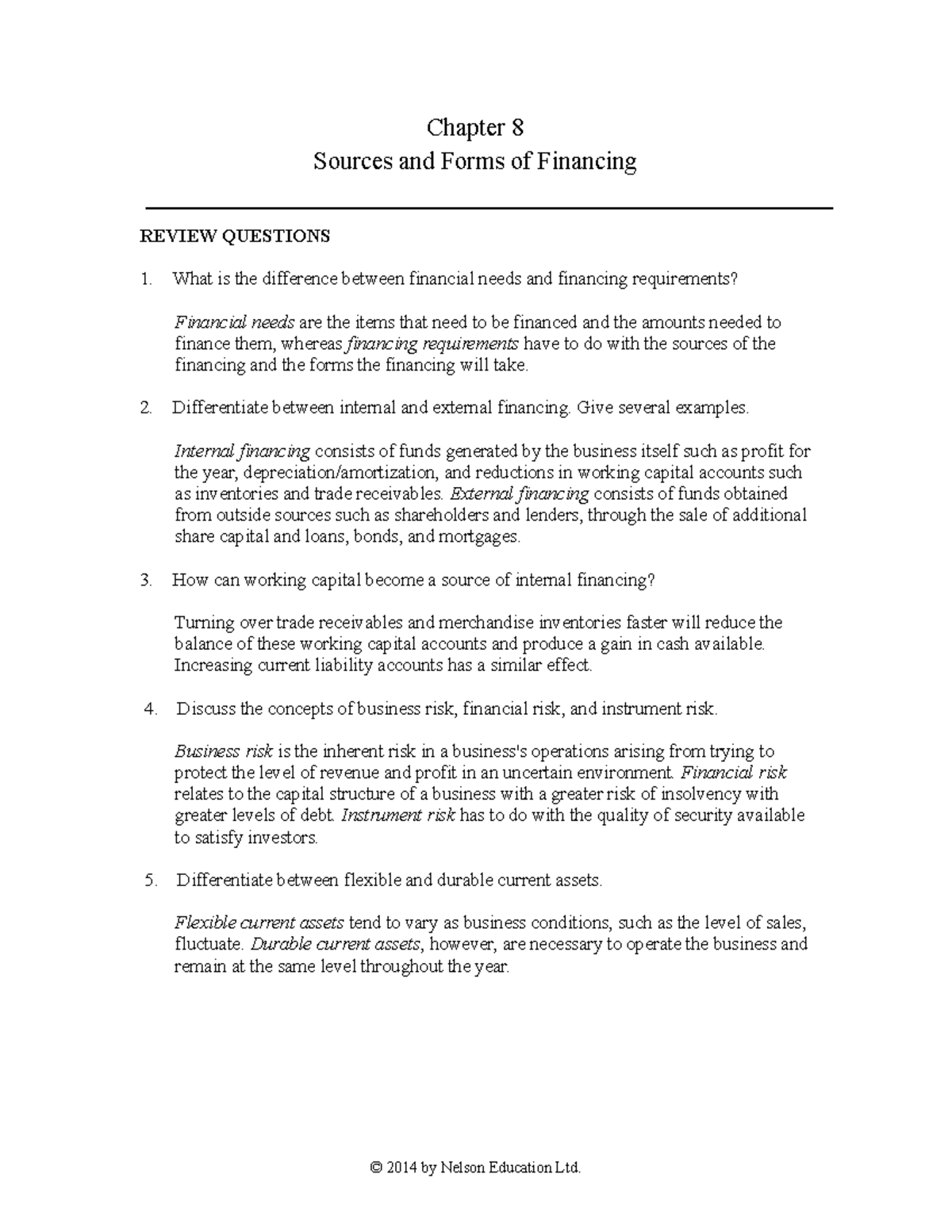 Final Test Chapter 8 Finance - Chapter 8 Sources and Forms of Financing ...
