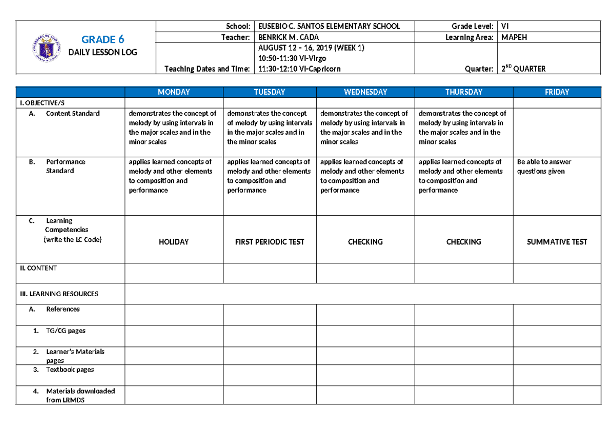 Mapeh 6 Q2 Week 1 - GRADE 6 DAILY LESSON LOG School: EUSEBIO C. SANTOS ...