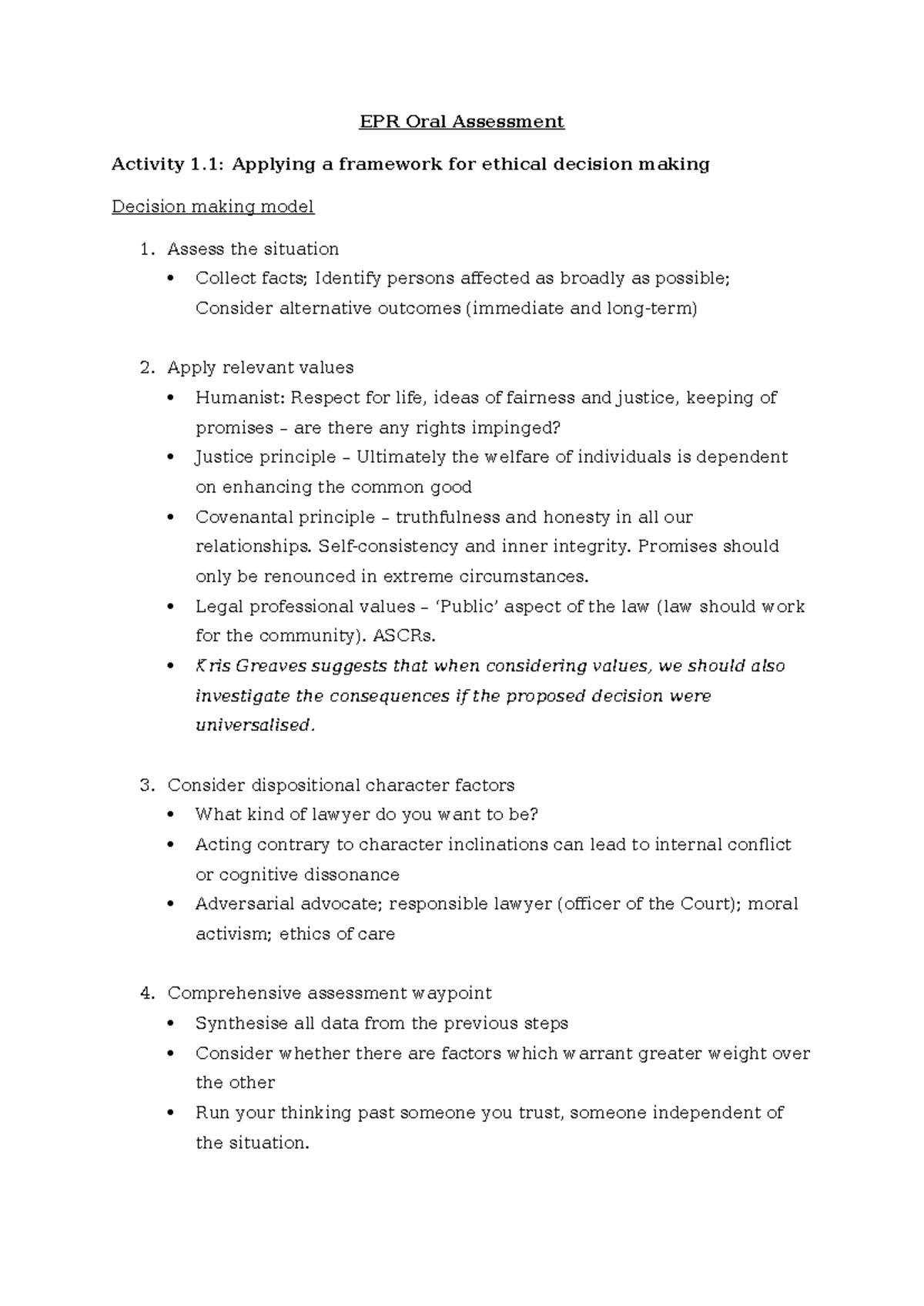 EPR Oral Assessment - Notes for first half of the course. Summaries of ...