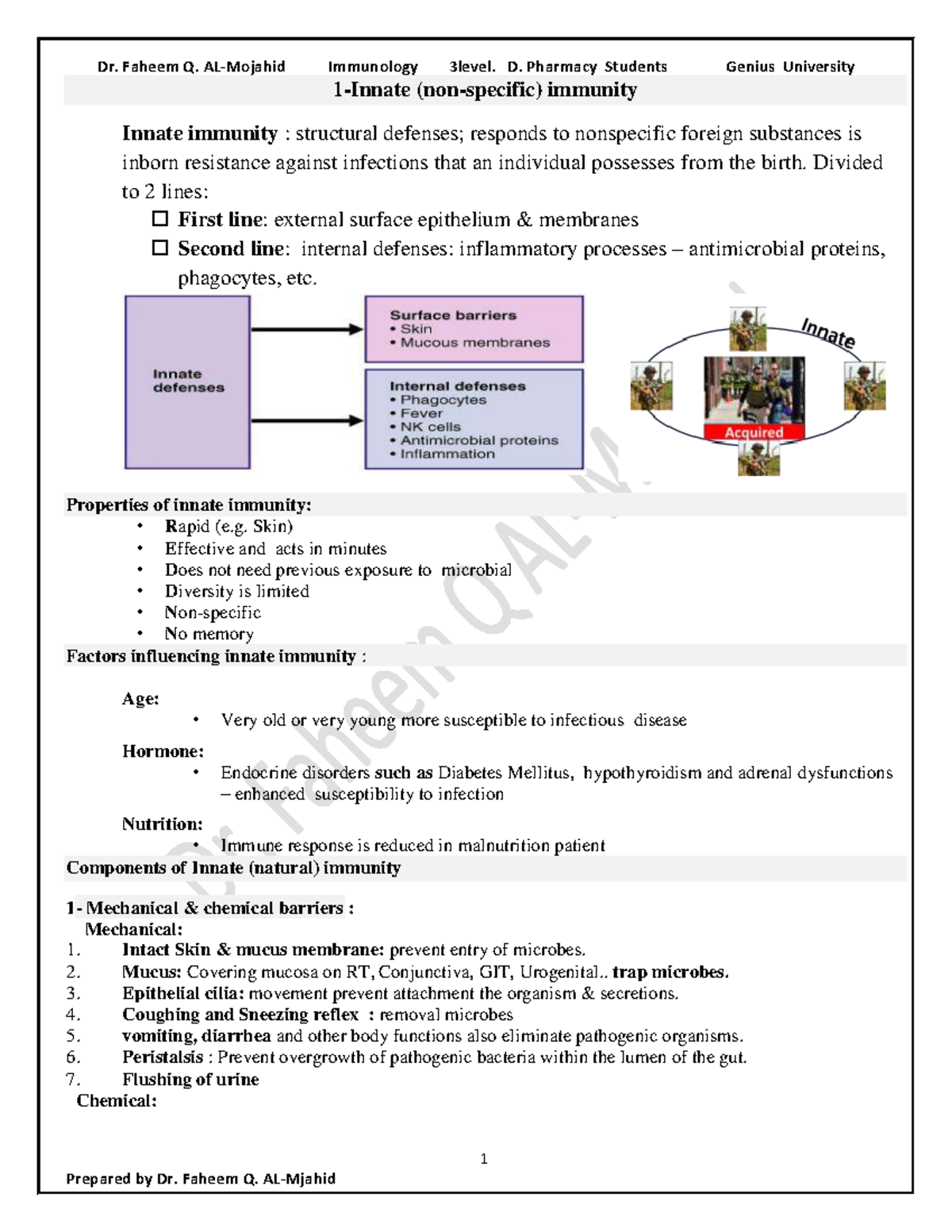 Lectures 2 immunology - Biotechnology - 1 1-Innate (non-specific) immunity Innate immunity ...