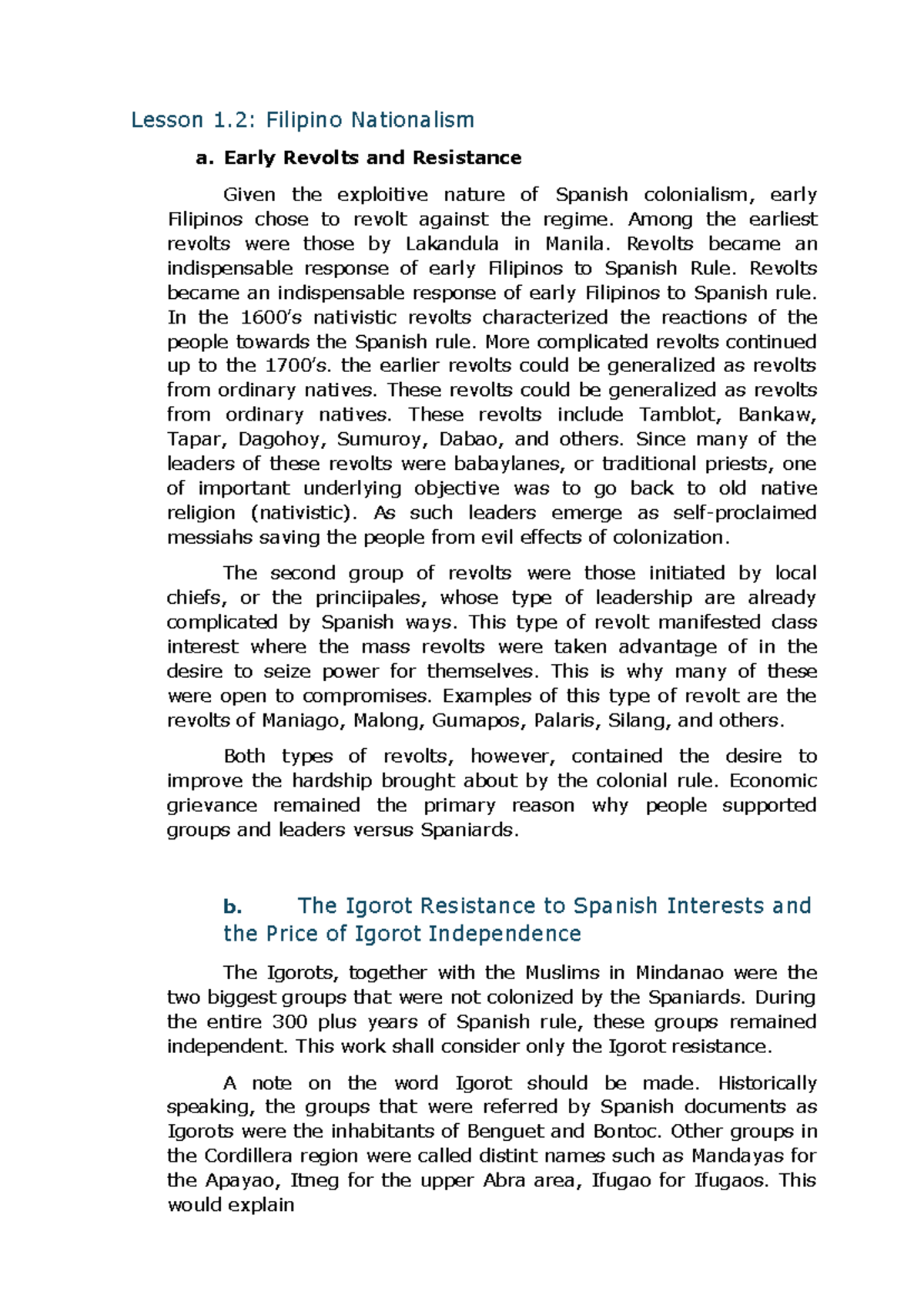Readings W2 - worksheet - Lesson 1: Filipino Nationalism a. Early ...