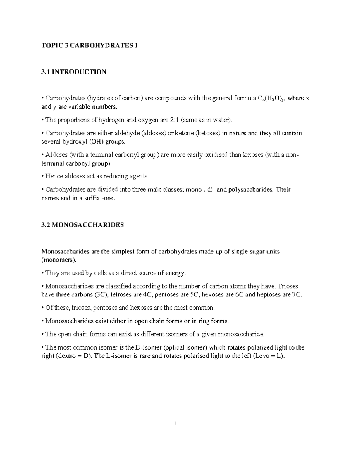 Topic 3. Carbohydrates I - TOPIC 3 CARBOHYDRATES I 3 INTRODUCTION ...