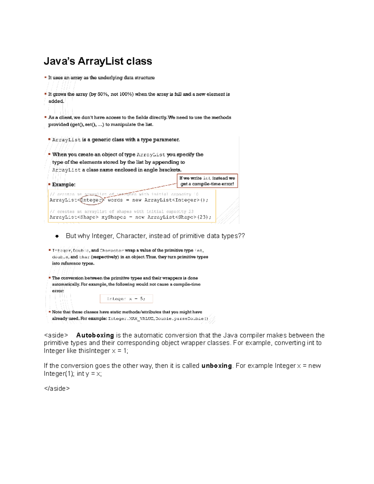 Lecture 12 - course work for cosc 3100 marquette - Java’s ArrayList class But why Integer, - Studocu