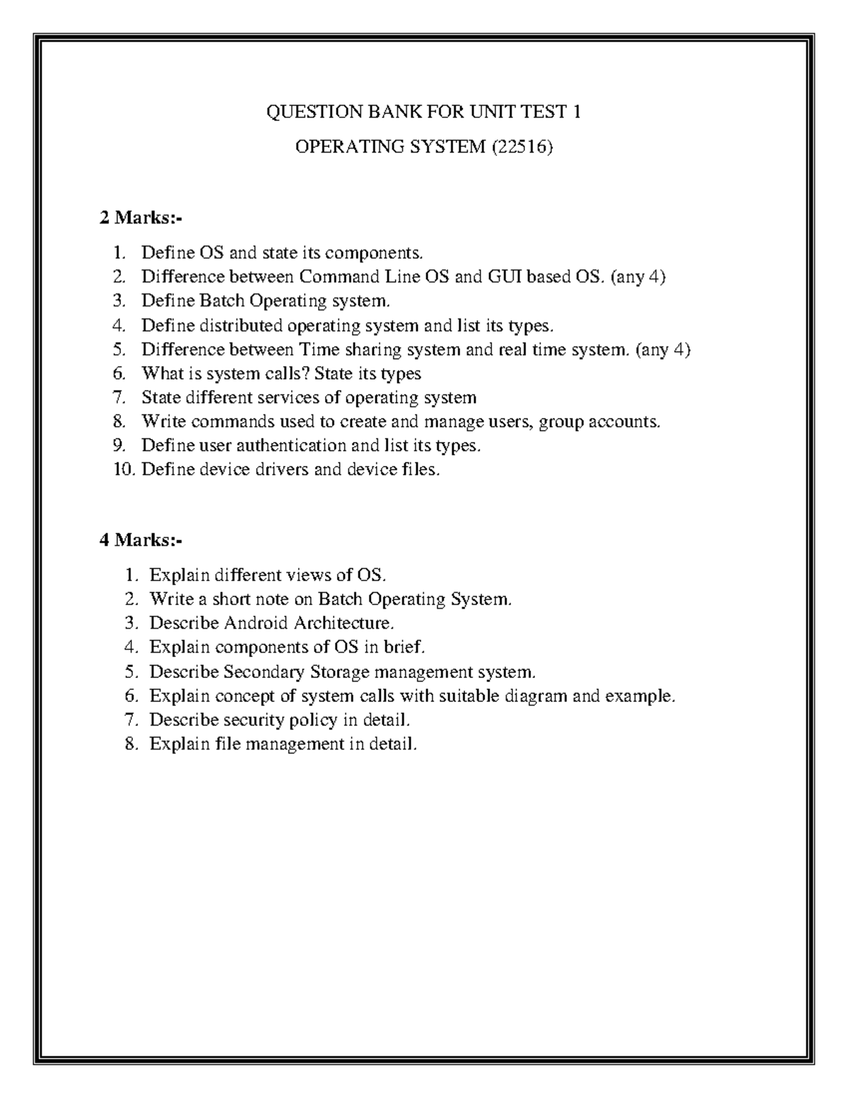 Question BANK FOR UNIT TEST 1 - QUESTION BANK FOR UNIT TEST 1 OPERATING ...