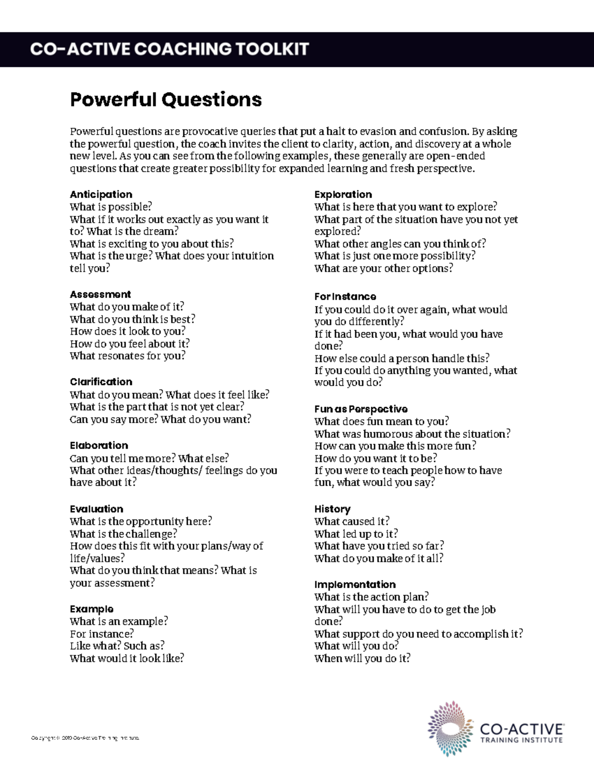 Co-Active-Coaching-Toolkit- Powerful Questions - Copyright © 2019 Co ...