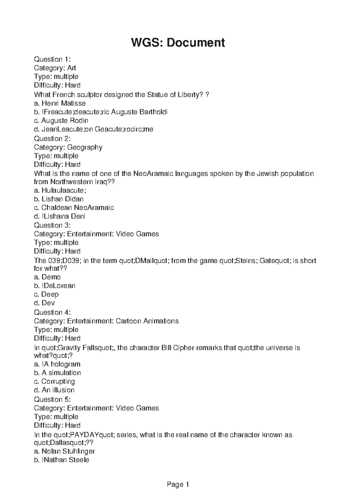 WGS173 Cheat Sheet 8 - WGS: Document Question 1: Category: Art Type ...