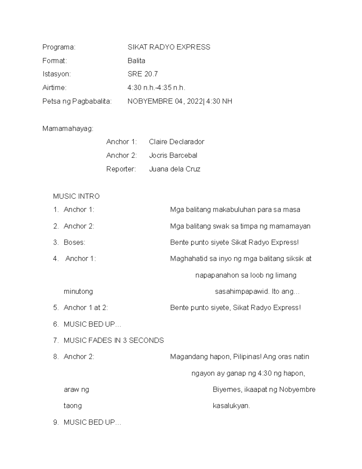 Activity in English - Programa: SIKAT RADYO EXPRESS Format: Balita ...