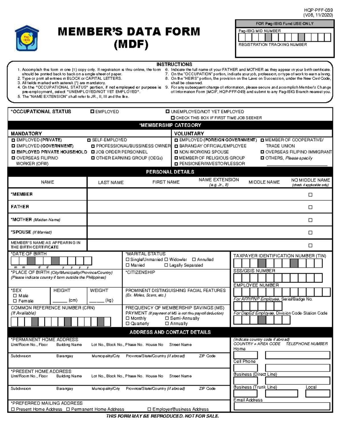 PFF039 Members Data Form V08 - MEMBER’S DATA FORM (MDF) FOR Pag-IBIG ...