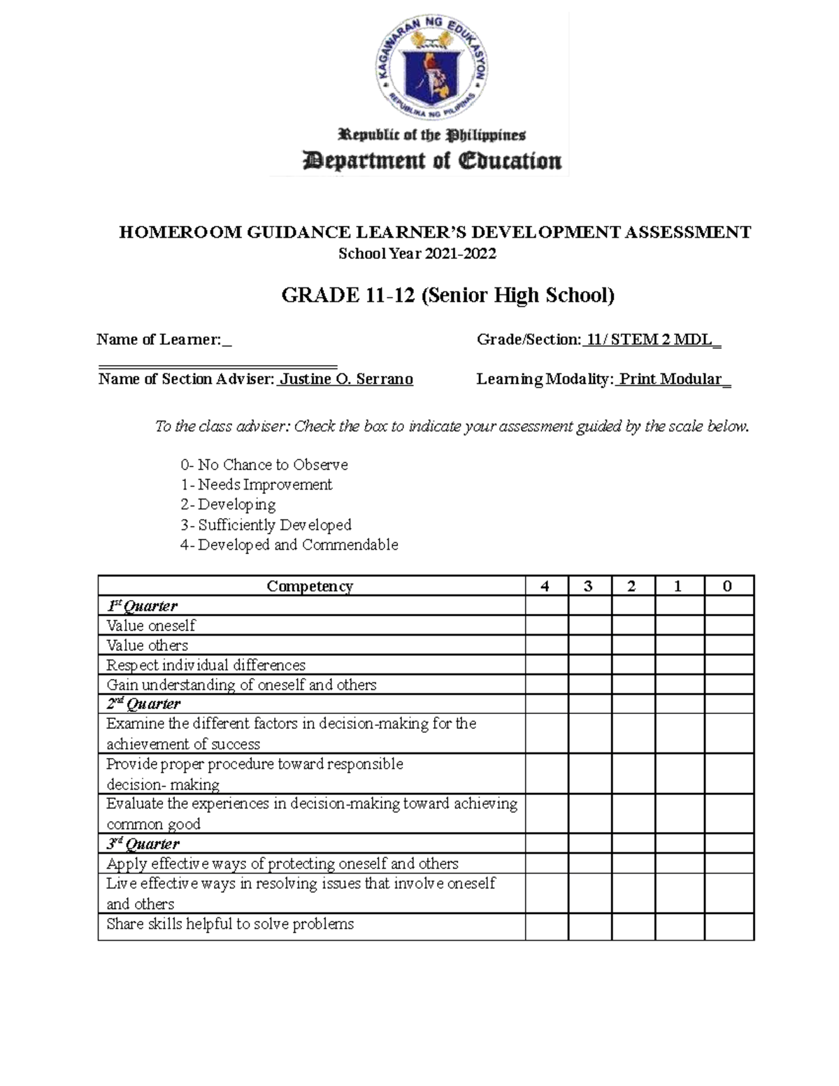 Homeroom Guidance Learners Development Assessment Grades 11 12 ...