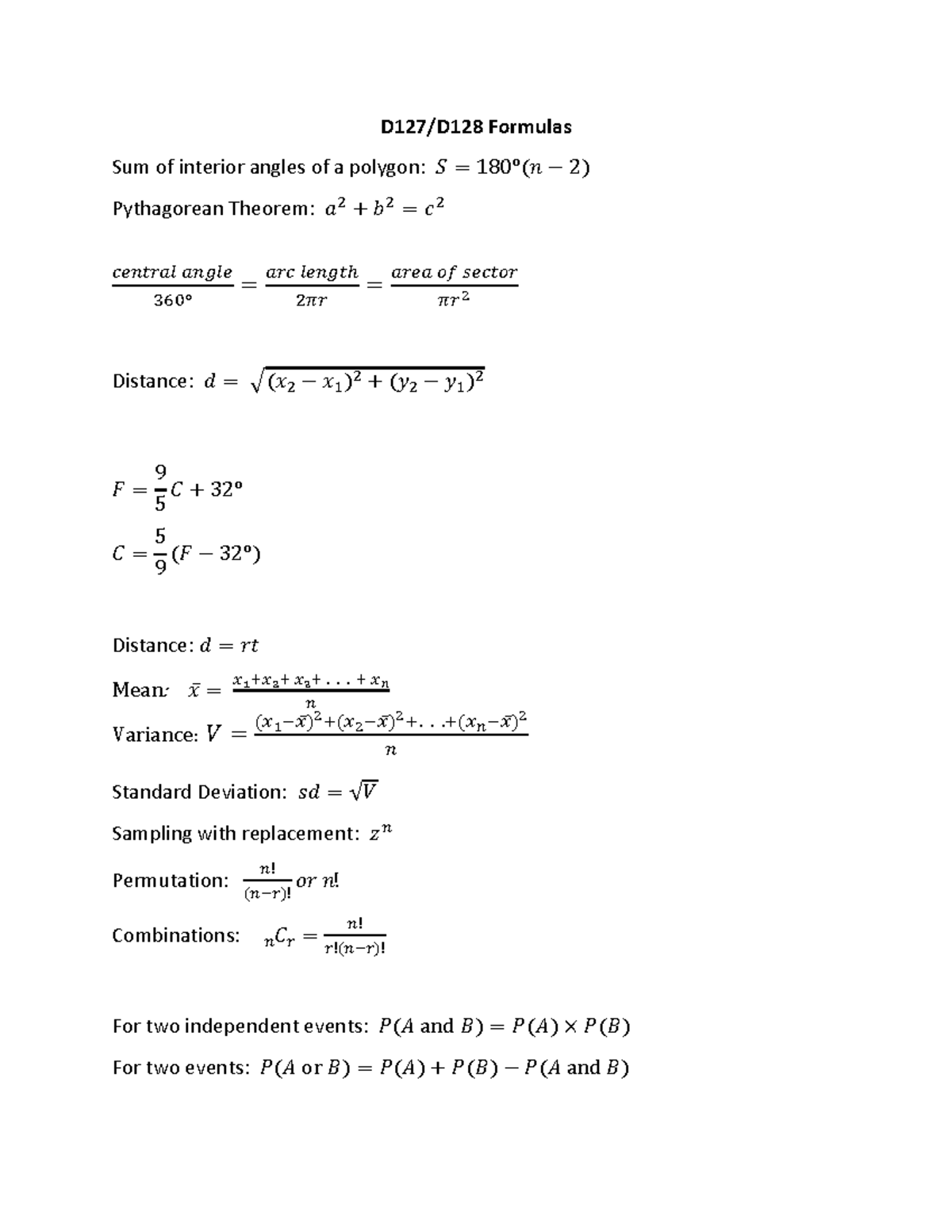 D128 Math Formulas - D127/D128 Formulas Sum of interior angles of a ...