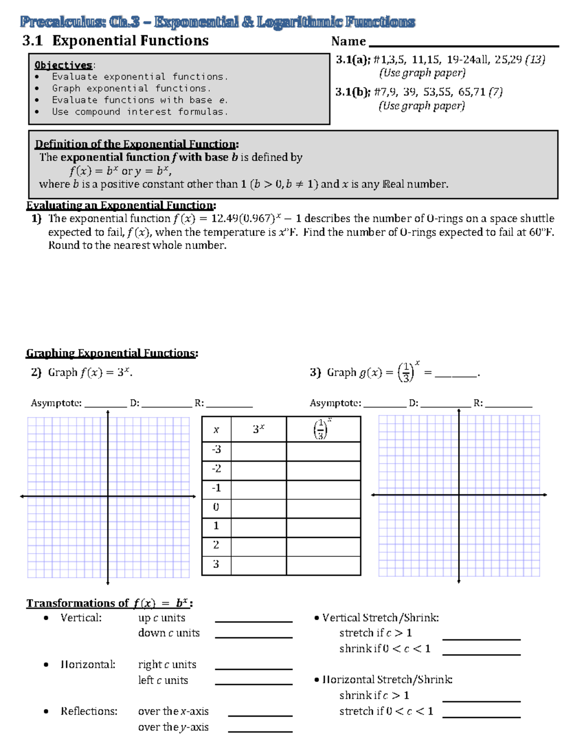 Precalc Ch 3Allodds 2020 - 3 Exponential Functions Name **3(a); ** #1,3 ...