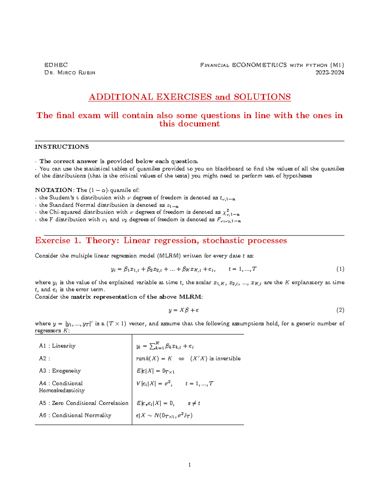 Mock Exam Exercice - Mock exam - EDHEC Financial ECONOMETRICS with ...