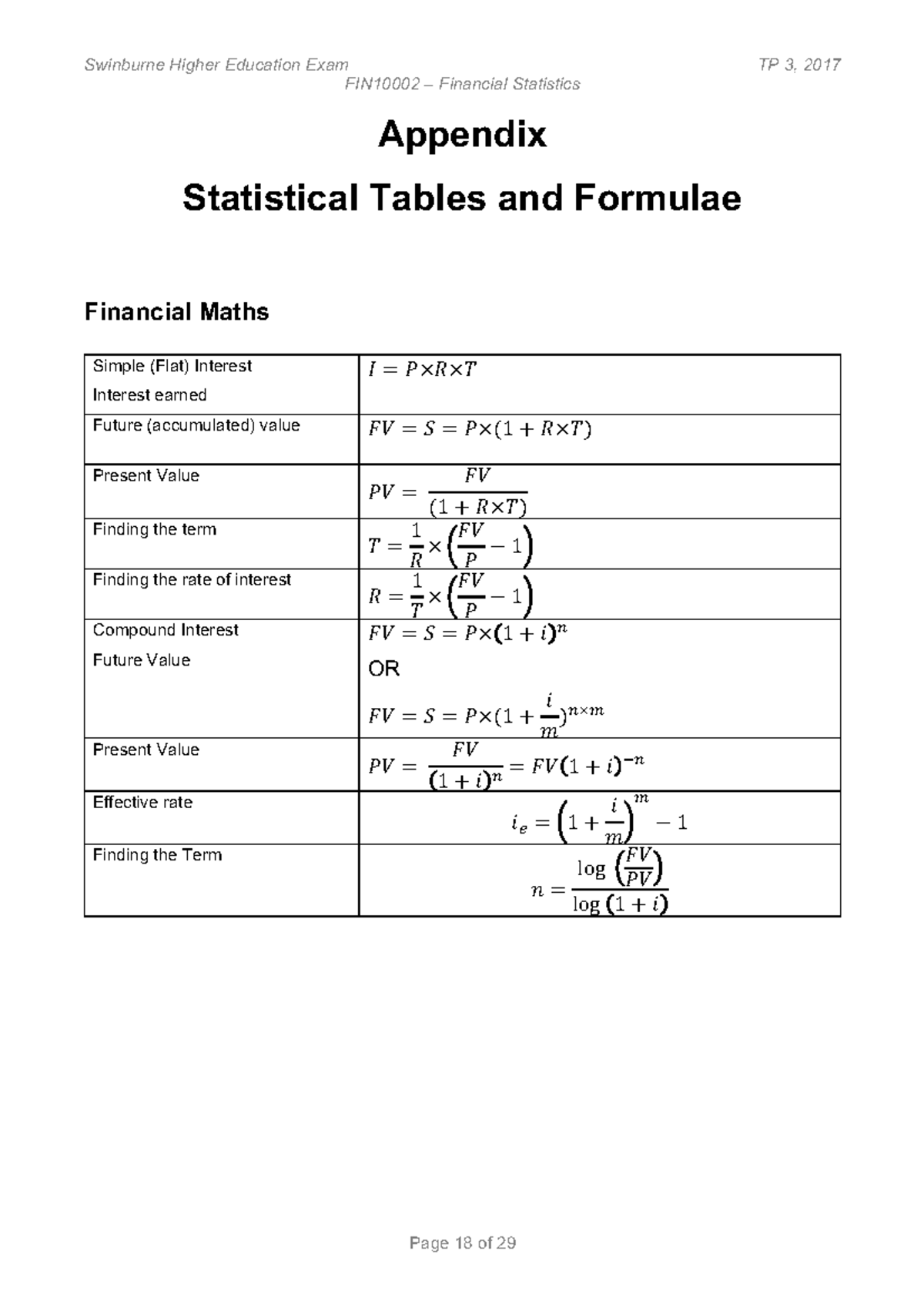 Formula Sheet Fin10002 - FIN10002 – Financial Statistics Appendix ...