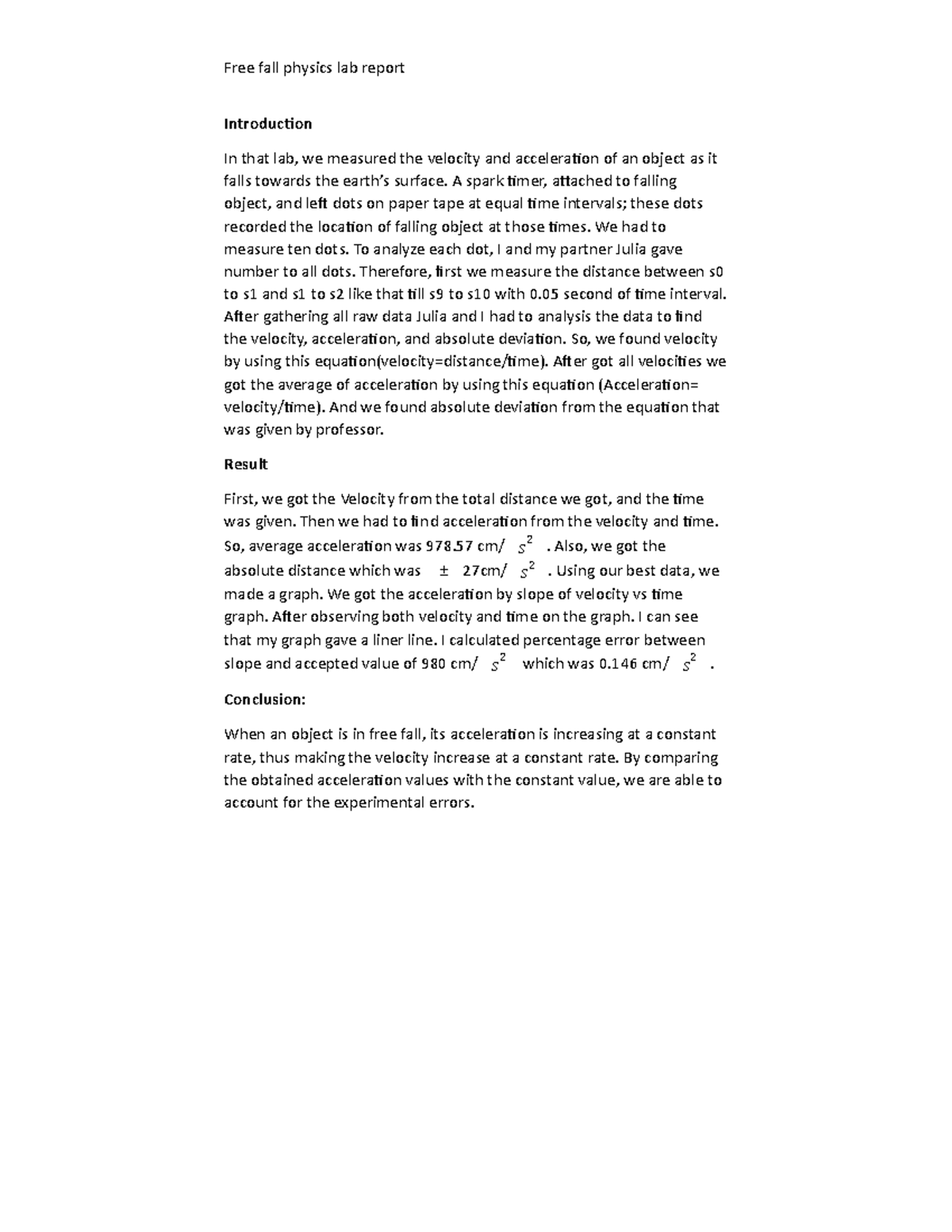 Free fal lab reports - physics 1 lab report on free fall - Free fall ...