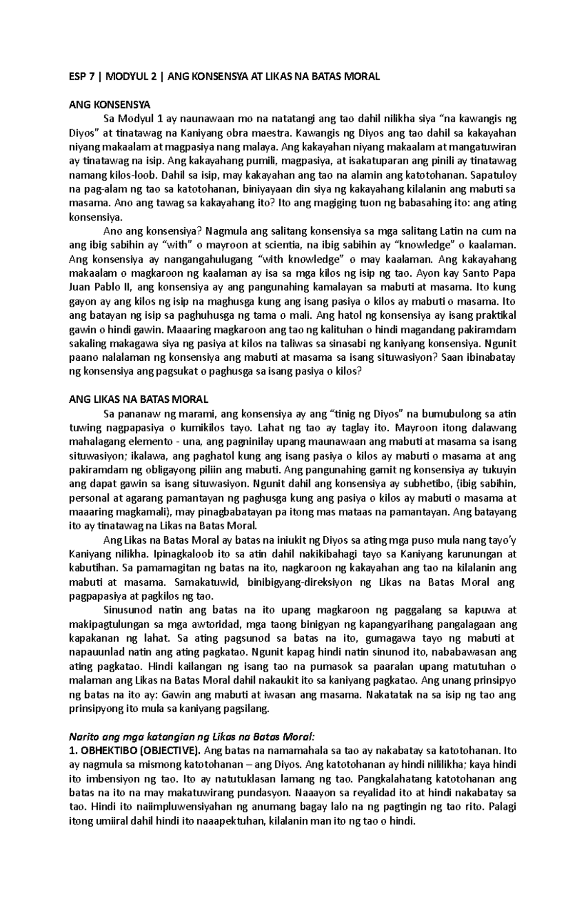 ESP 7- Konsensya - ESP 7 | MODYUL 2 | ANG KONSENSYA AT LIKAS NA BATAS ...