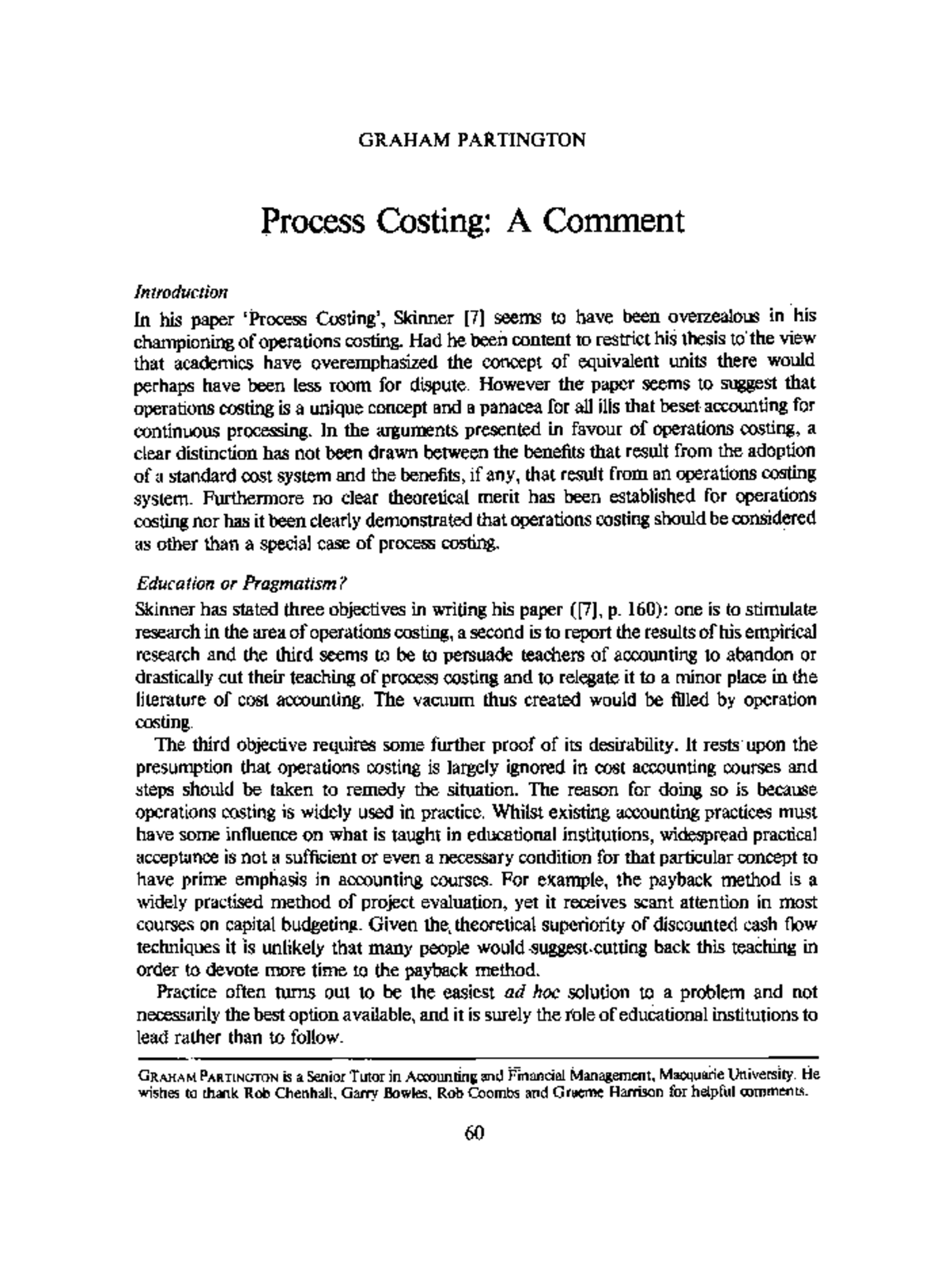 Process Costing A Comment - GRAHAM PARTINGTON Process Costing: A ...
