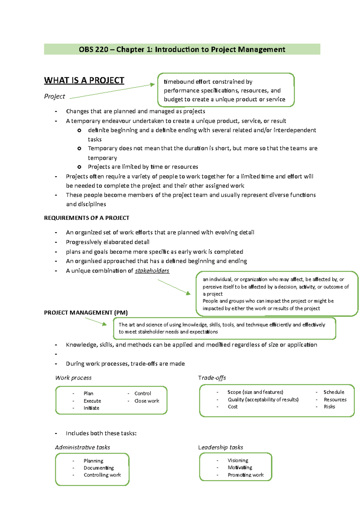 Chapter 1 - Summaries - OBS 220 – Chapter 1: Introduction to Project ...
