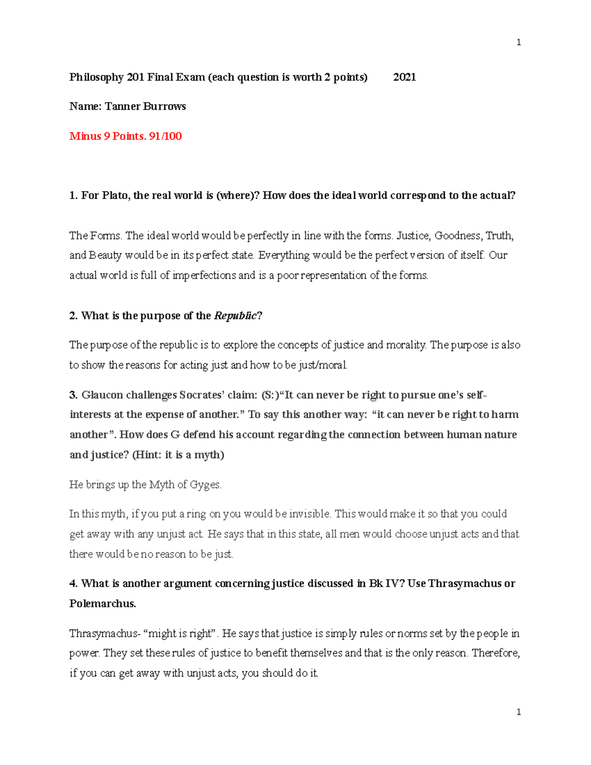 Philosophy 201 Final Exam 2021 - Philosophy 201 Final Exam (each ...