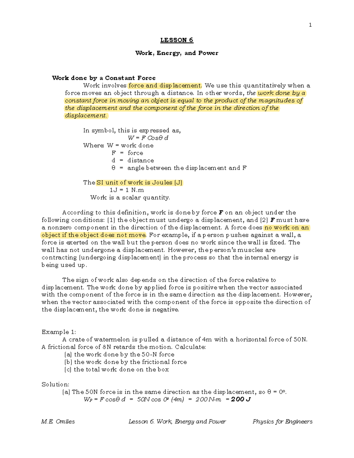 Lesson 6. Work, Energy, and Power - LESSON 6 Work, Energy, and Power ...