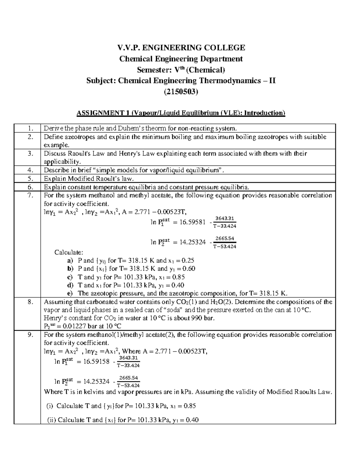 @ CET II - VLE Question bank - V.V. ENGINEERING COLLEGE Chemical ...