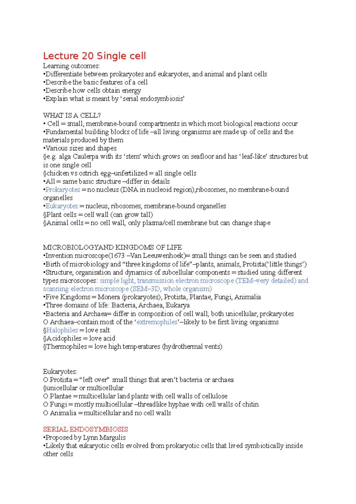 Lecture 20 - HD notes - Lecture 20 Single cell Learning outcomes ...