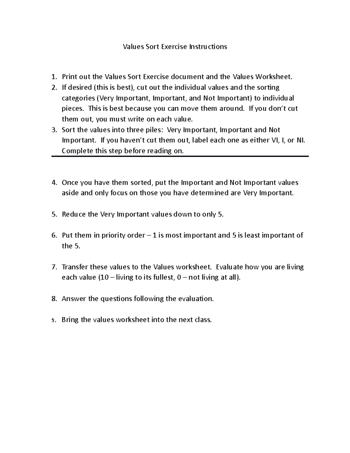 Values Sort Exercise Instructions - Values Sort Exercise Instructions ...
