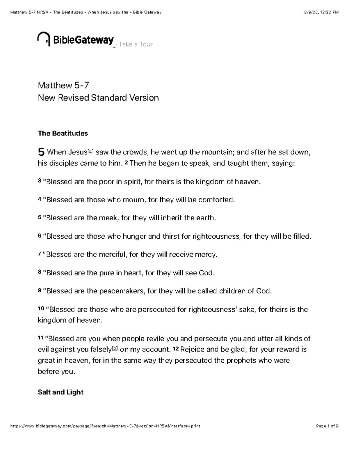 Matthew 5-7 NRSV - The Beatitudes - When Jesus saw the - Bible Gateway ...