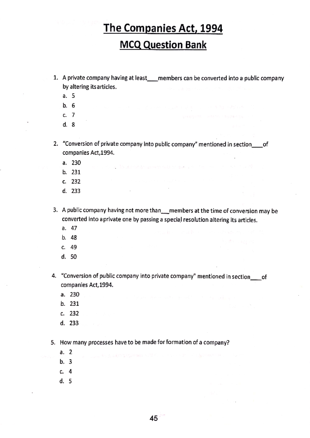 Business law Question bank - Corporate Law - Studocu