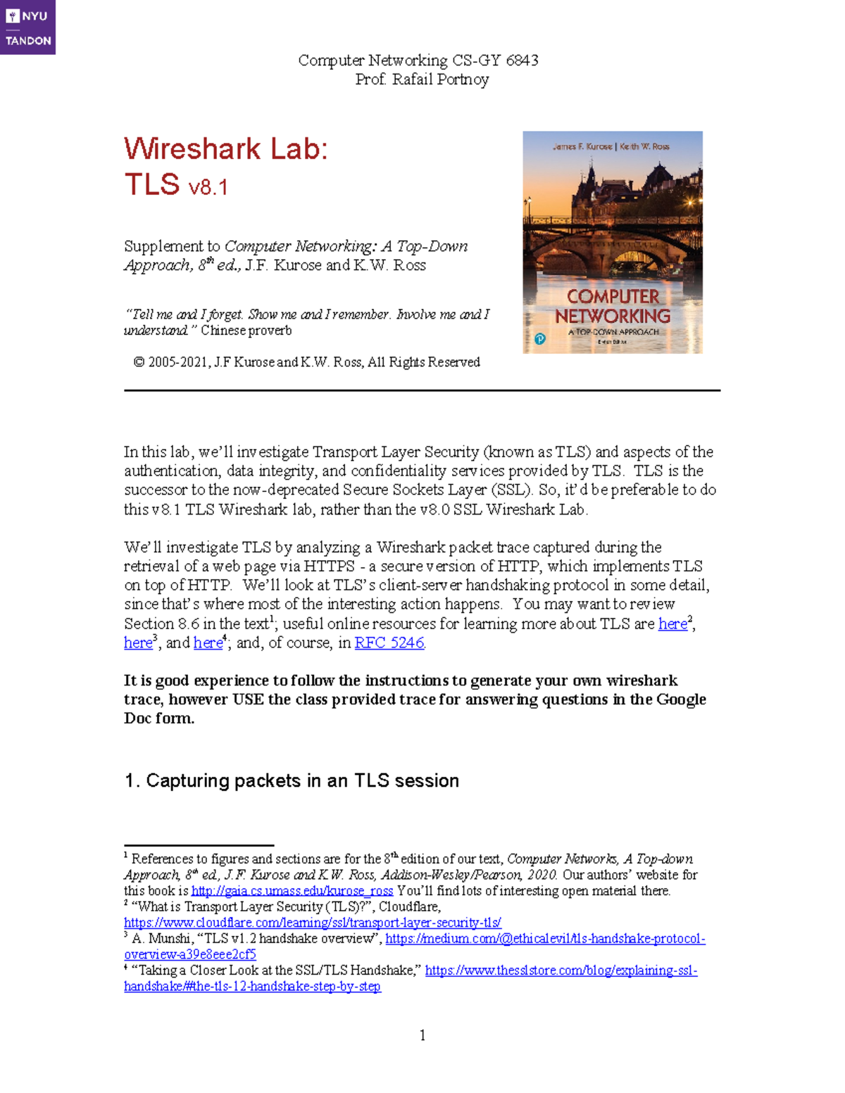 Wireshark Lab TLS v8 - Prof. Rafail Portnoy Wireshark Lab: TLS v8. Supplement to Computer - Studocu