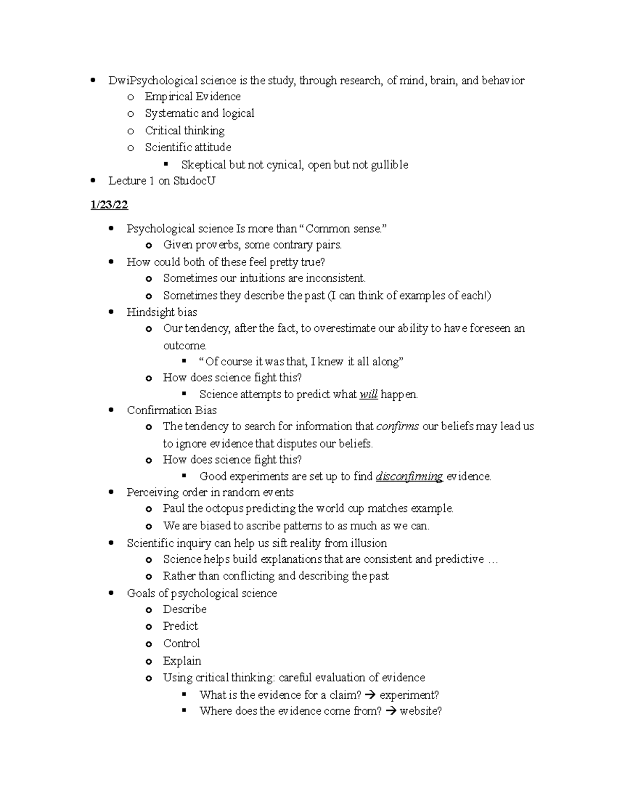 Psych notes 1 - DwiPsychological science is the study, through research ...