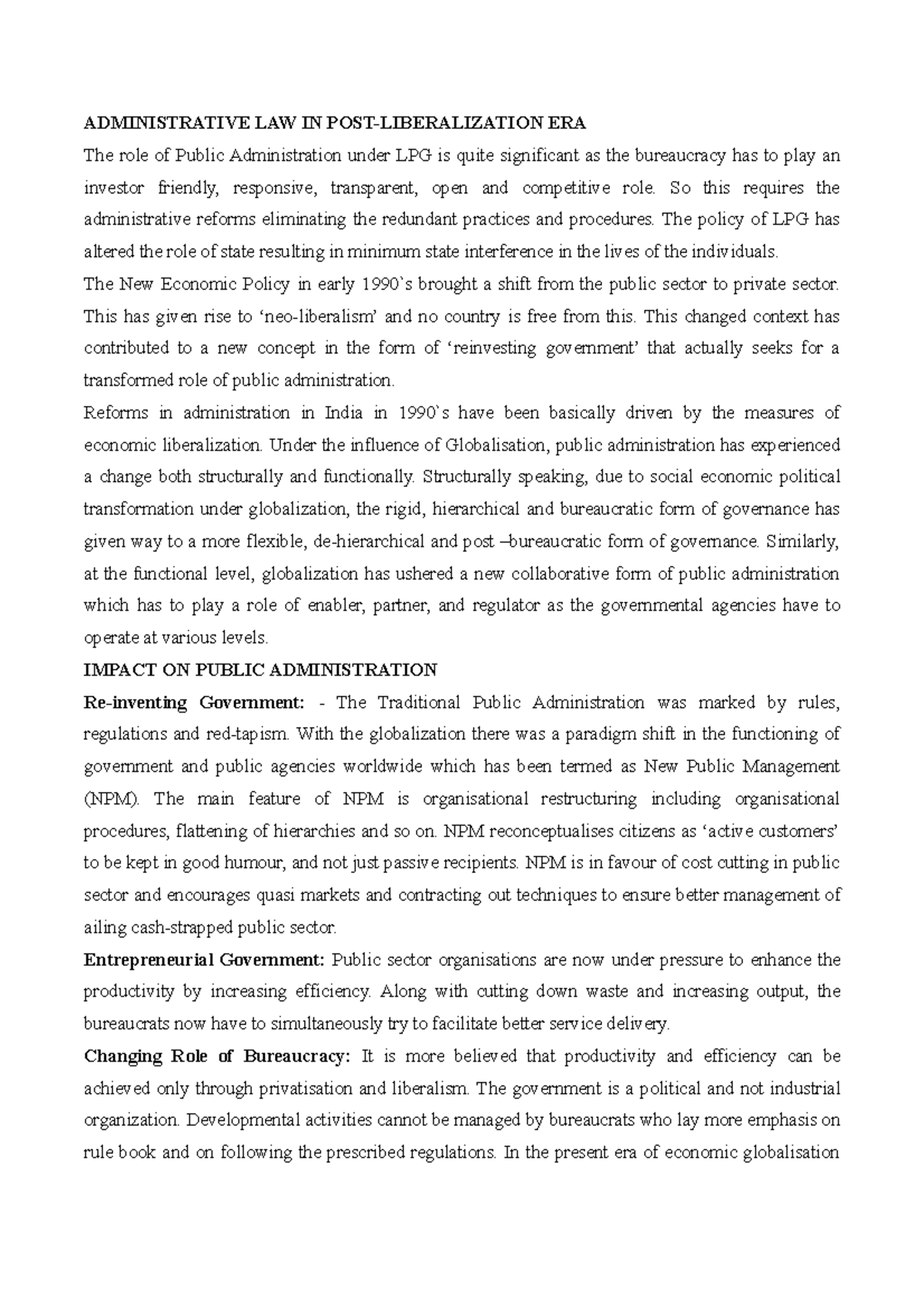 Adm law in post liberalization era - ADMINISTRATIVE LAW IN POST ...