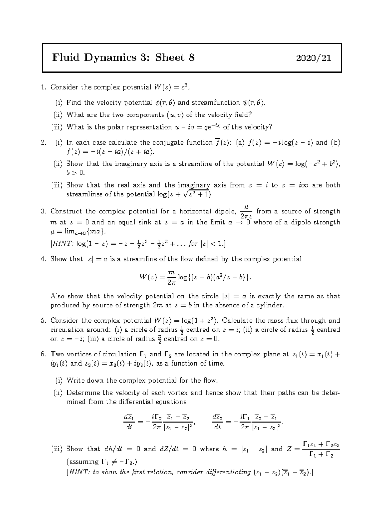 Fluid Dynamics worksheet 8 - Fluid Dynamics 3: Sheet 8 2020/ Consider ...