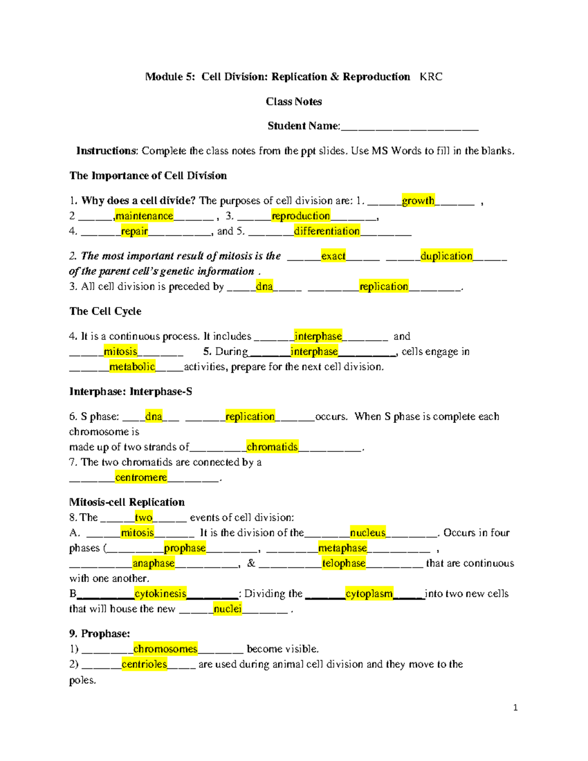 Module 5 class notes 2020 KRC - Module 5: Cell Division: Replication ...