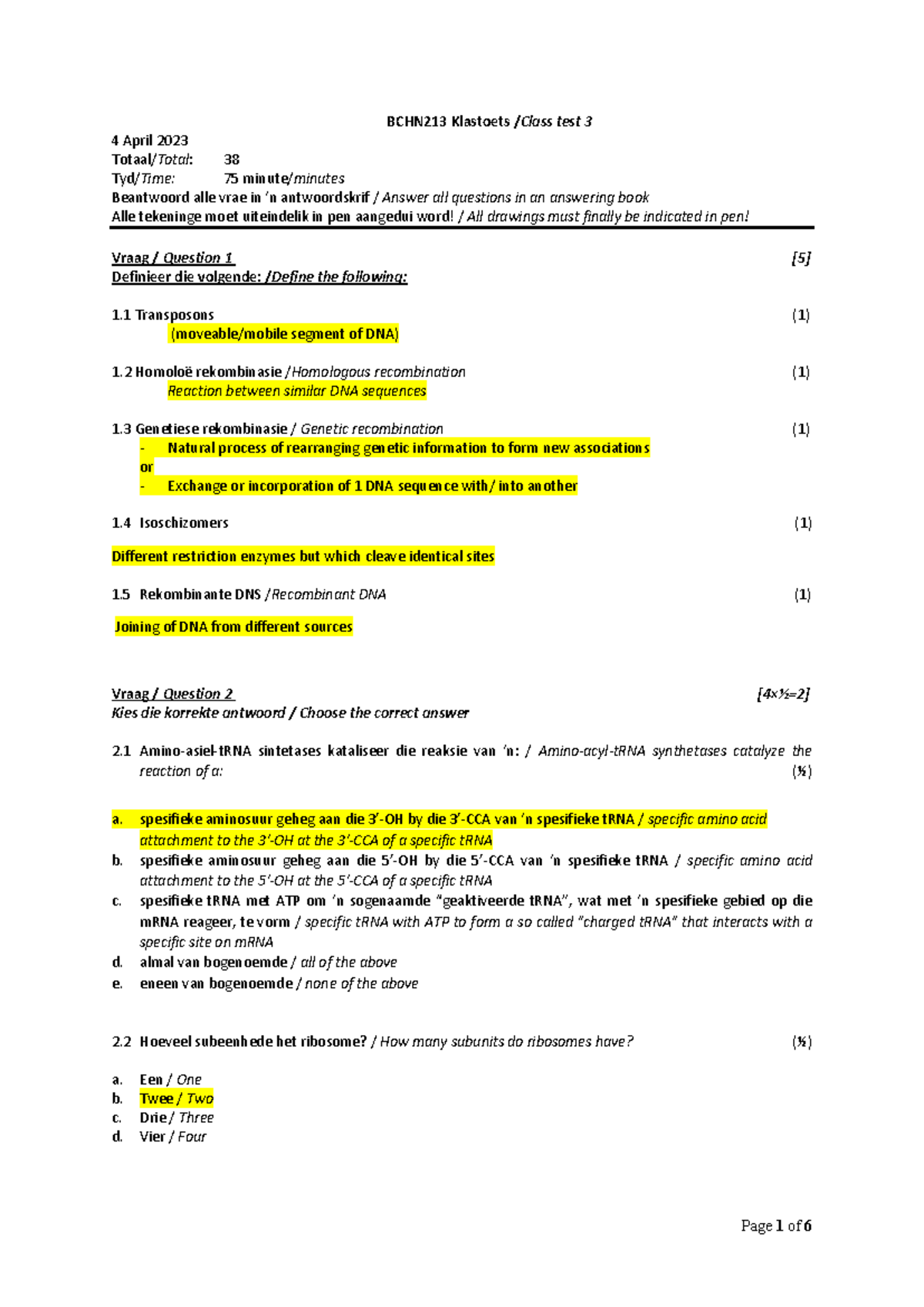 BCHN 213 SU 5 AND 6 2023 T3memo 2 - BCHN213 Klastoets /Class test 3 4 ...