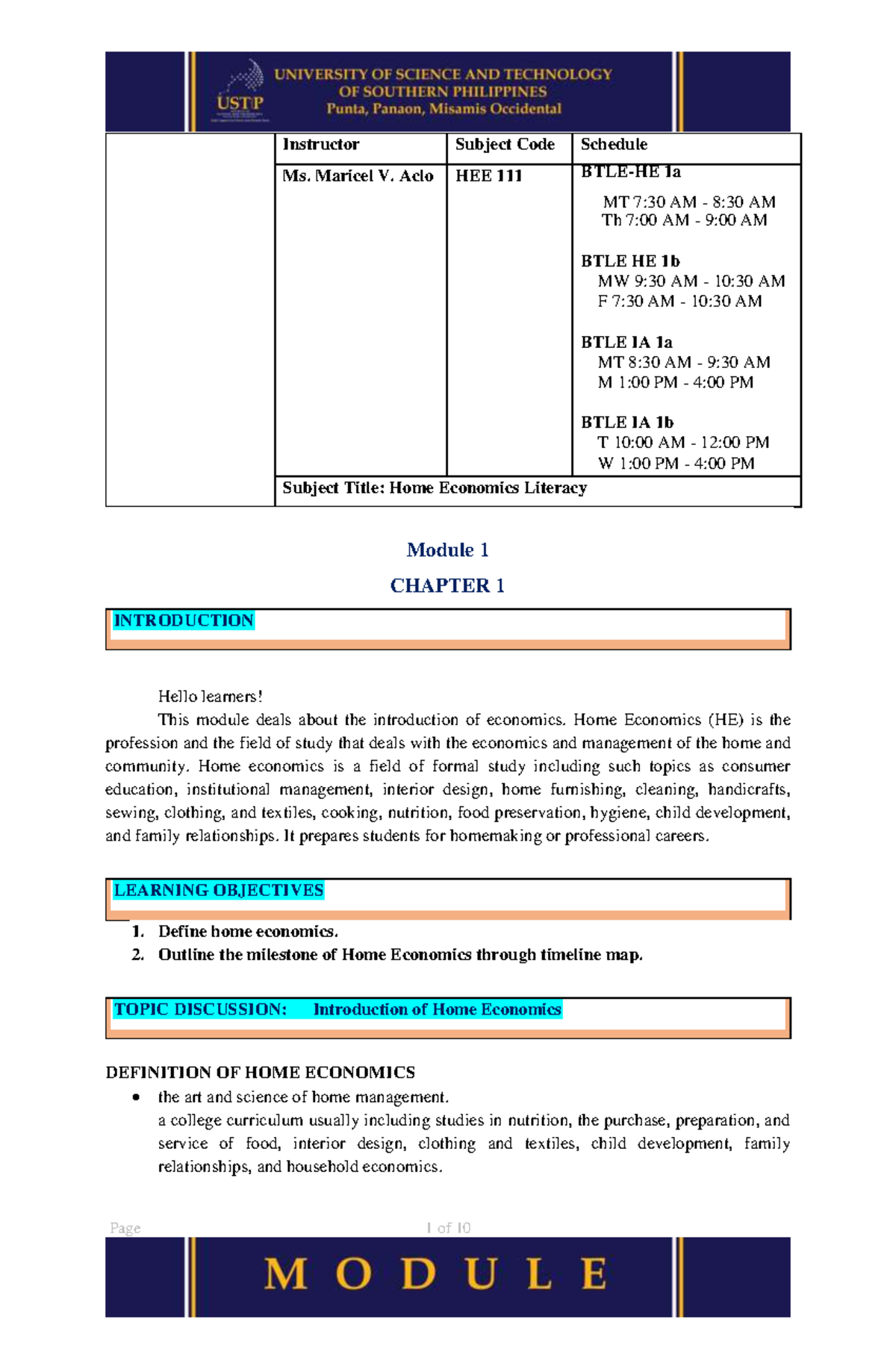 HEE 111 Module 1 - MARICEL - Instructor Subject Code Schedule Ms ...
