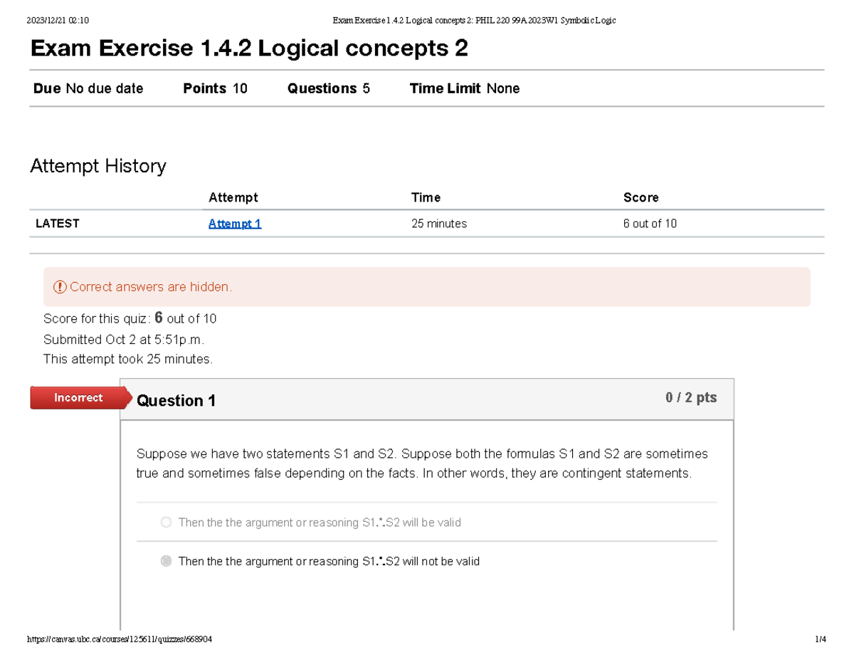 Exam Exercise 1.4.2 Logical concepts 2 PHIL 220 99A 2023W1 Symbolic Logic - Exam Exercise 1.4 ...