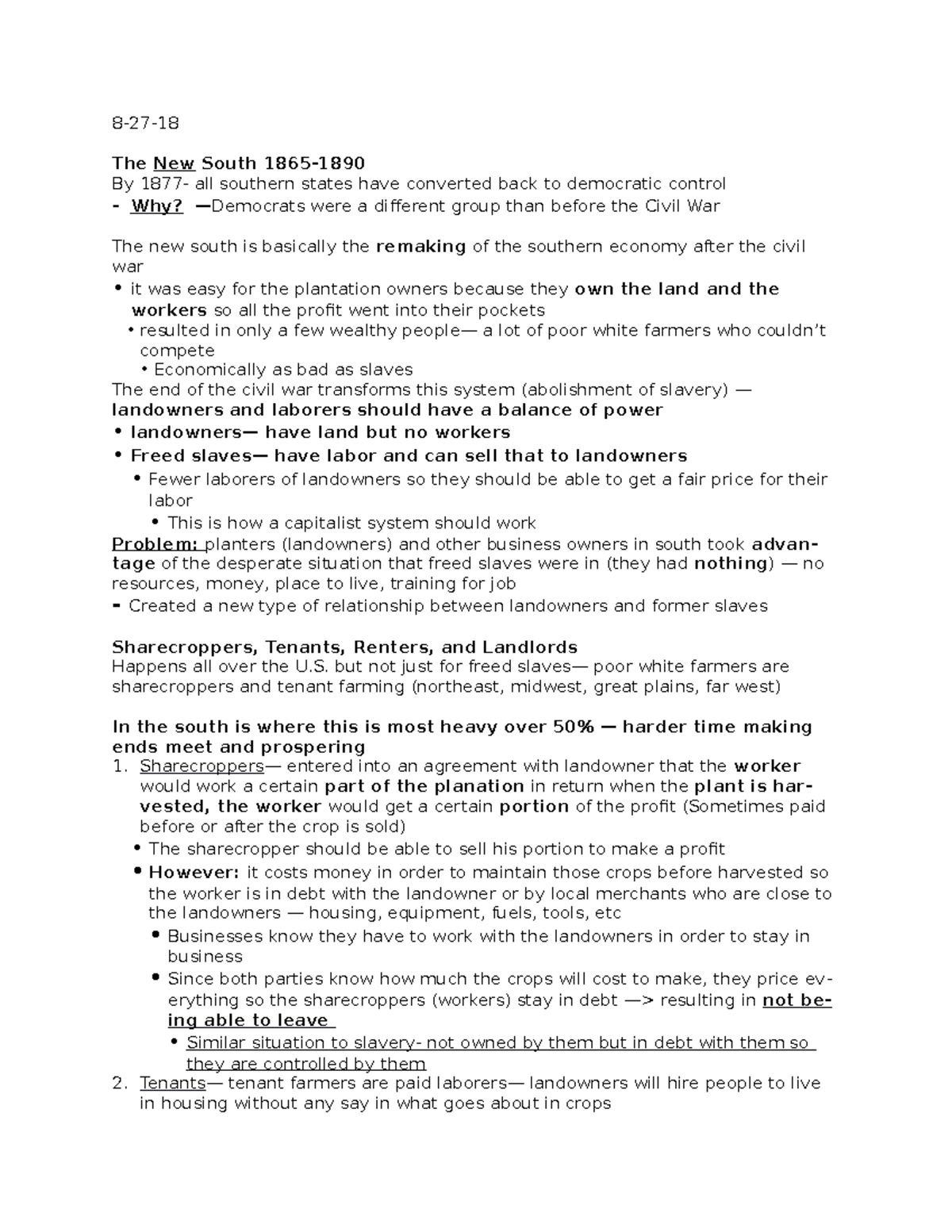 The New South 8-27 - 8-27-18 The New South 1865-1890 By 1877- all ...