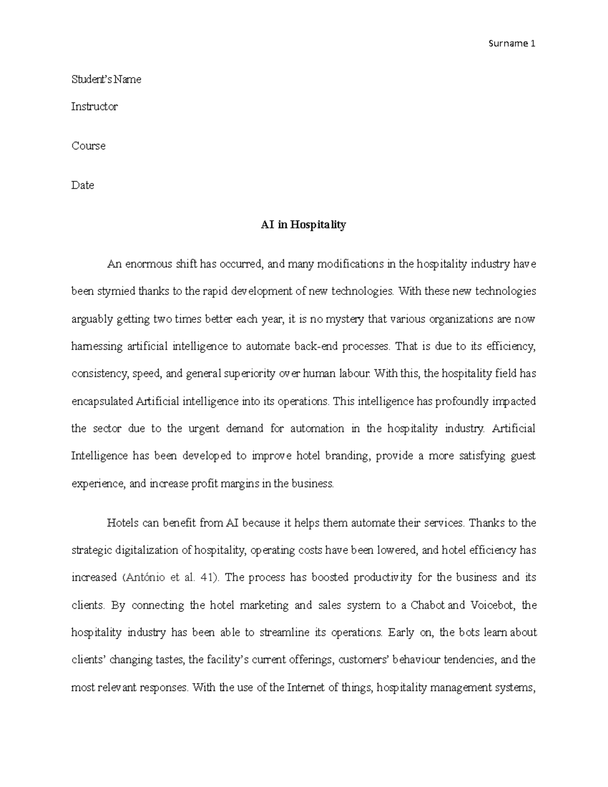 MLA AI in Hospitality - written in MLA format - Student’s Name ...