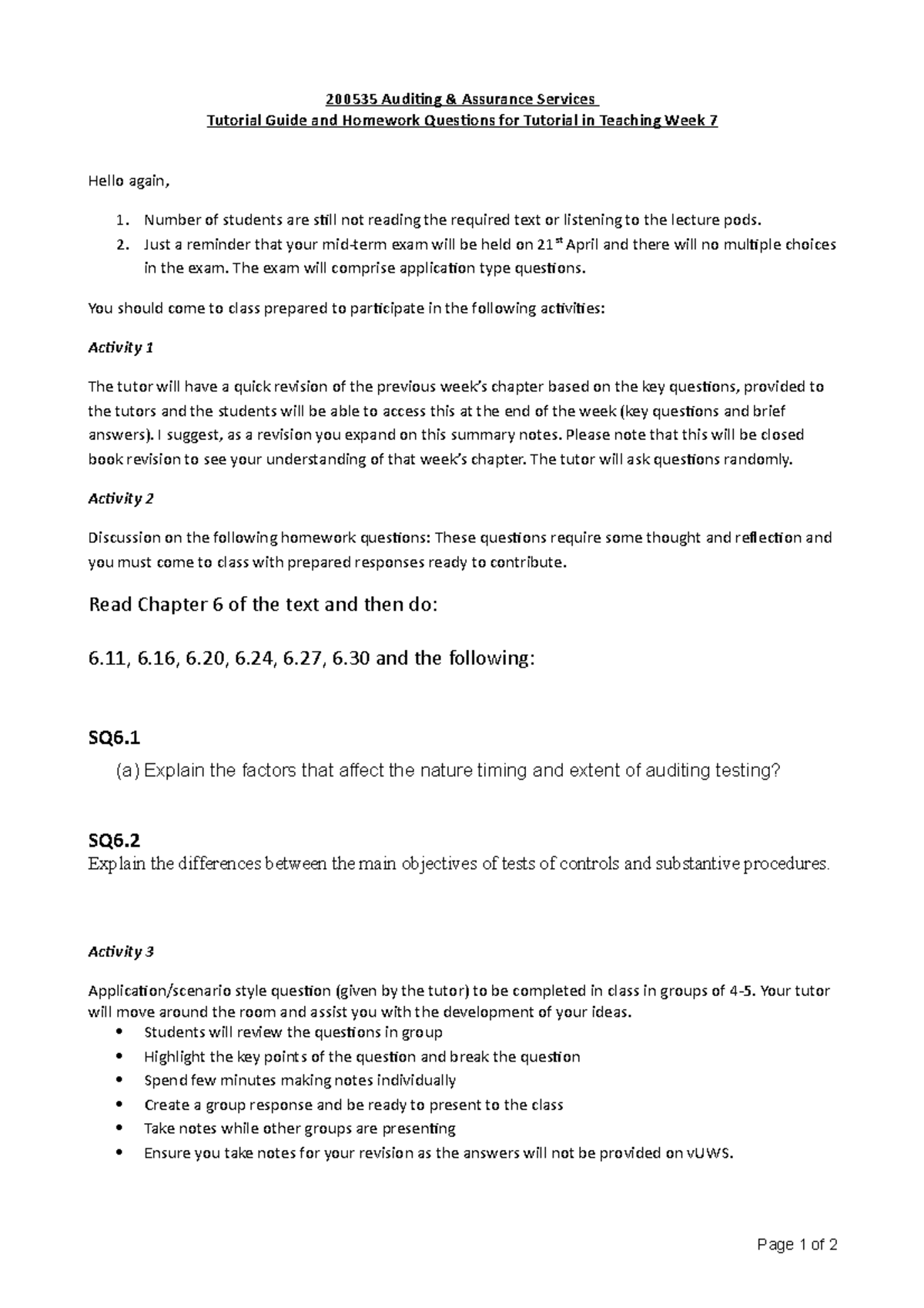 Tutorial Guide Week 7 students - 200535 Auditing Assurance Services Tutorial Guide and Homework ...