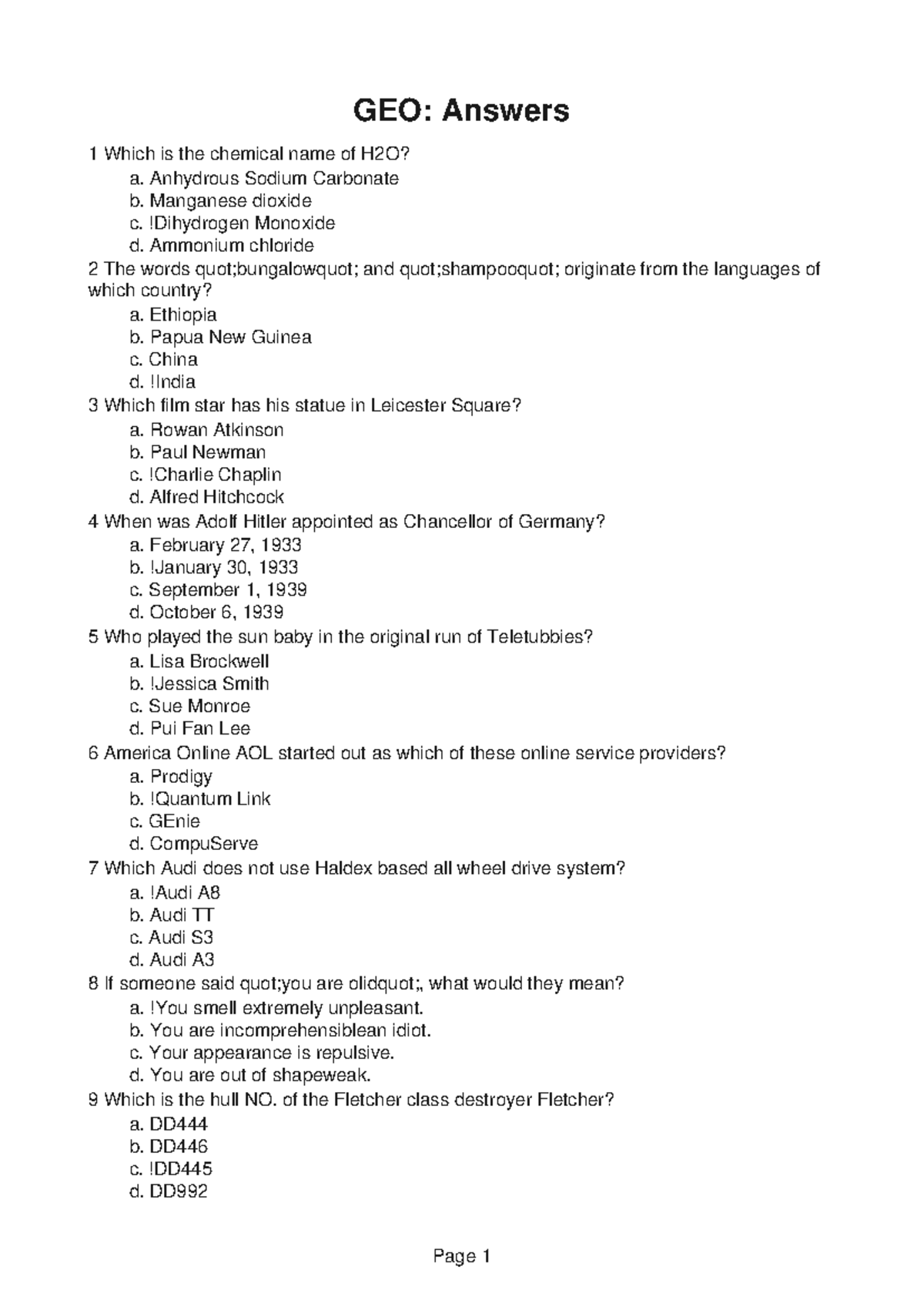 GEO147 Exam 3 - GEO: Answers 1 Which is the chemical name of H2O? a ...