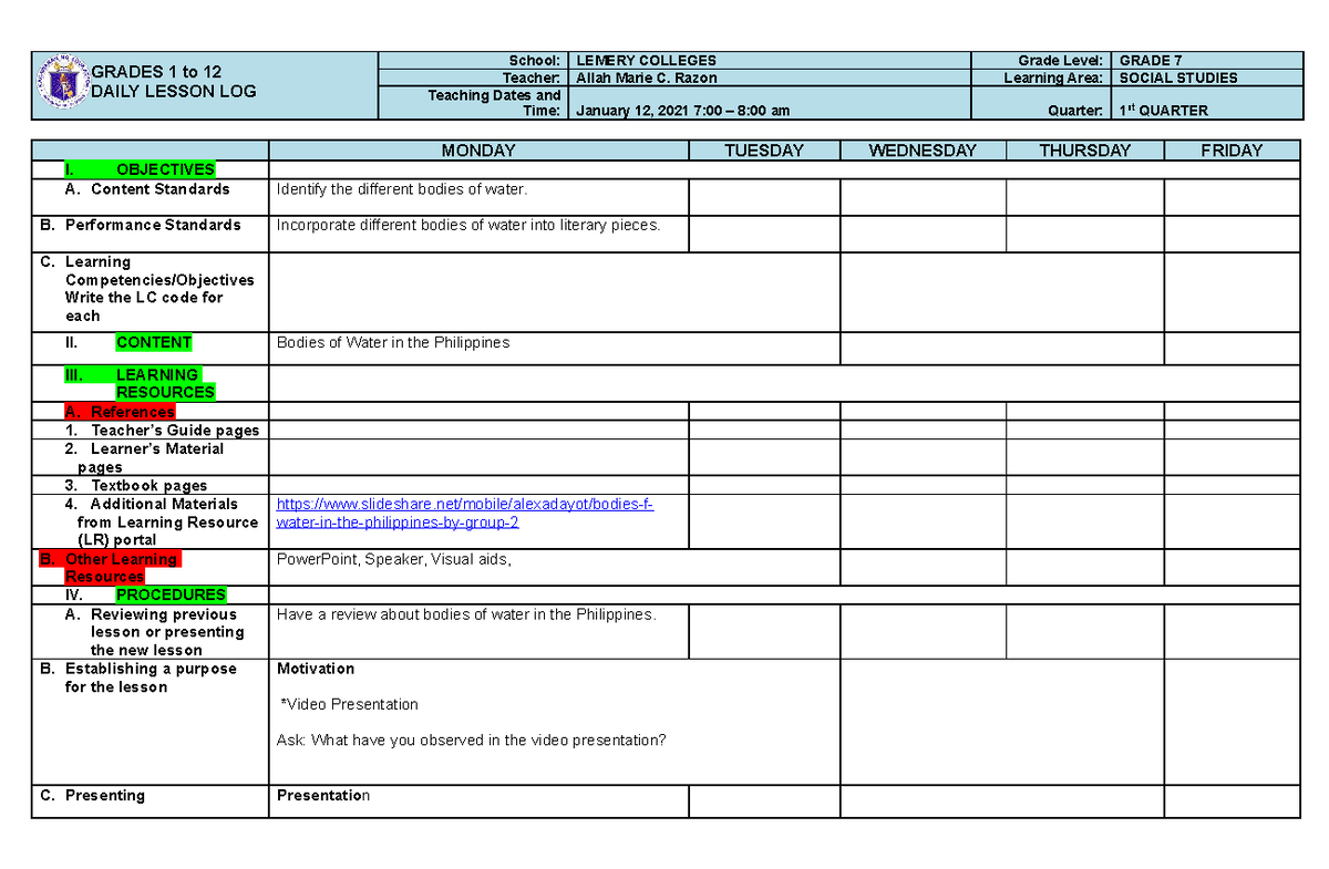 Daily Lesson LOG IN TFTL - GRADES 1 to 12 DAILY LESSON LOG School ...