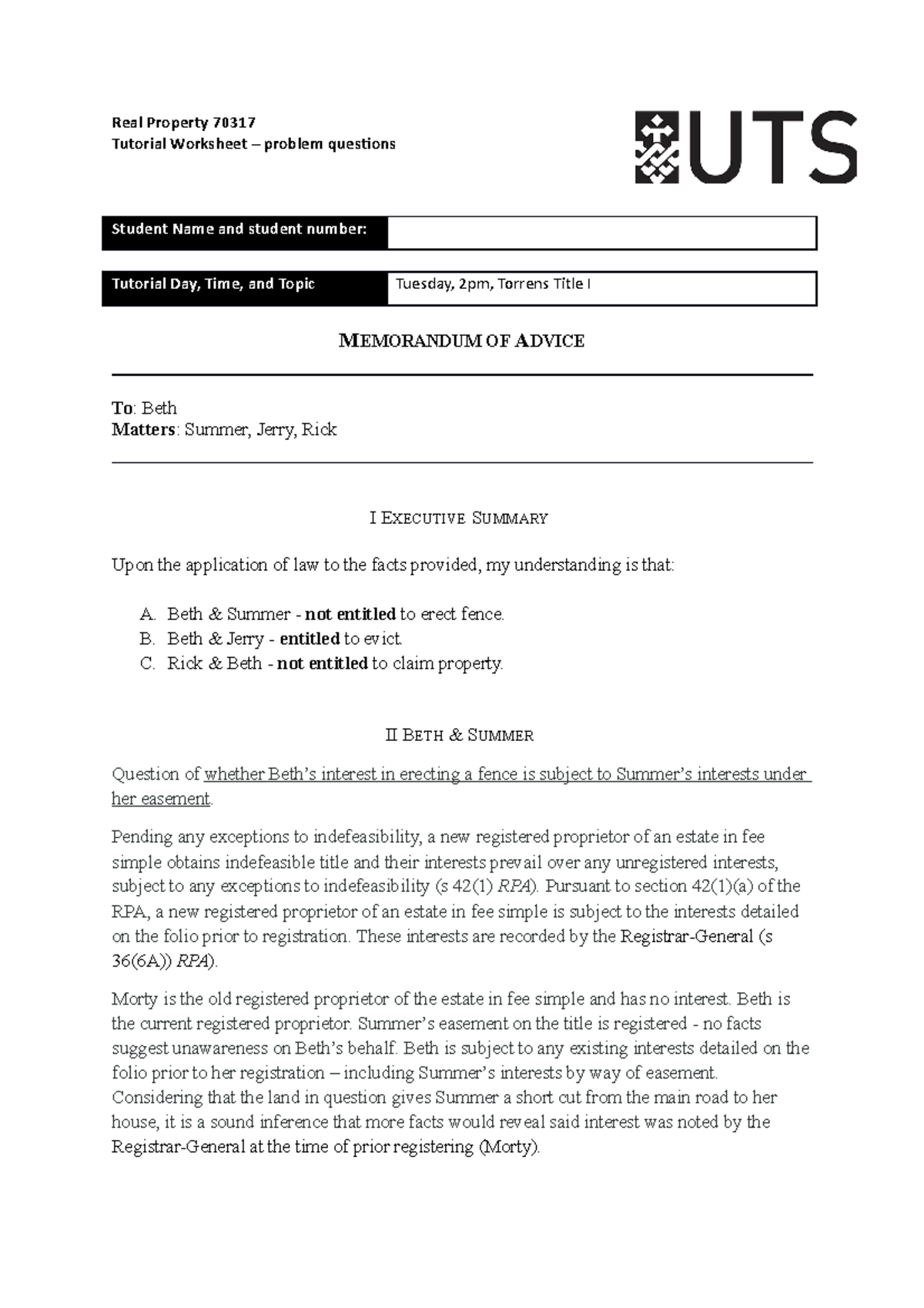 A1.1 Pre-Preparation Worksheet 1 - Real Property 70317 Tutorial ...