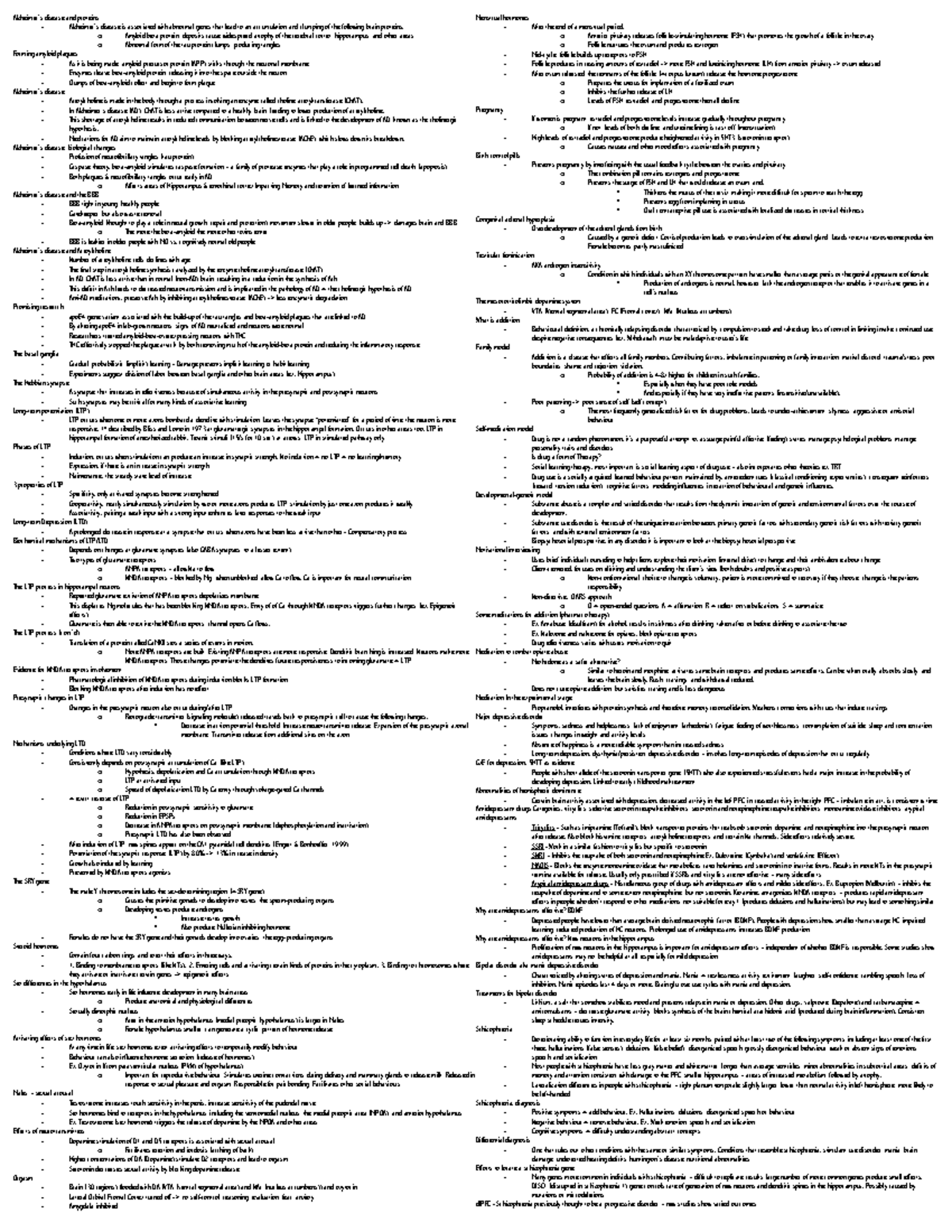 Cheat sheet for brain and behaviour exam - Alzheimer’s disease and ...
