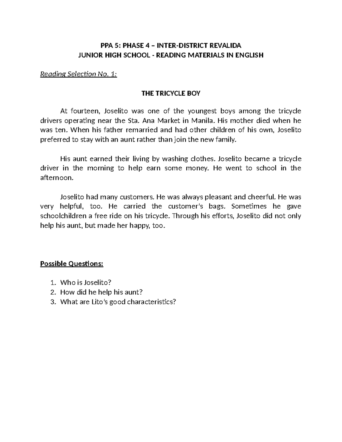 PPA 5 JHS English Reading Materials - JUNIOR HIGH SCHOOL - READING ...