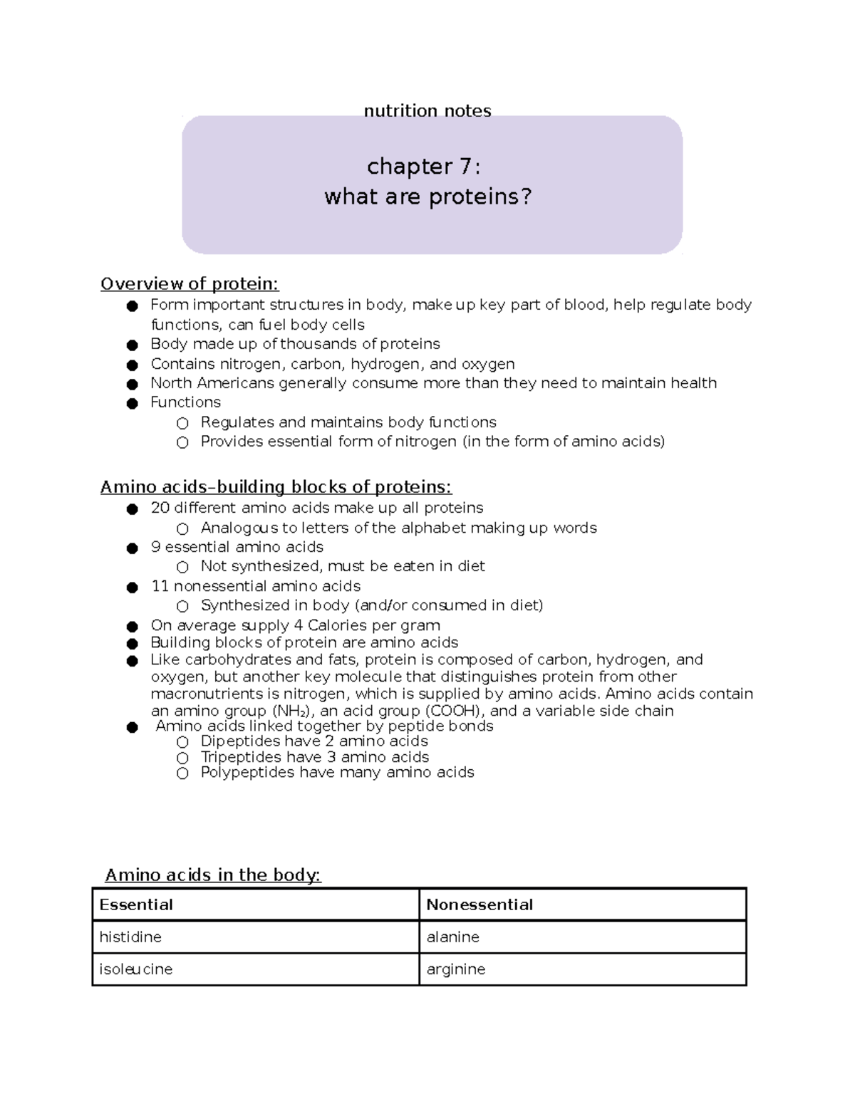 Chapter 7 protein - Lee Murphy - nutrition notes chapter 7: what are ...