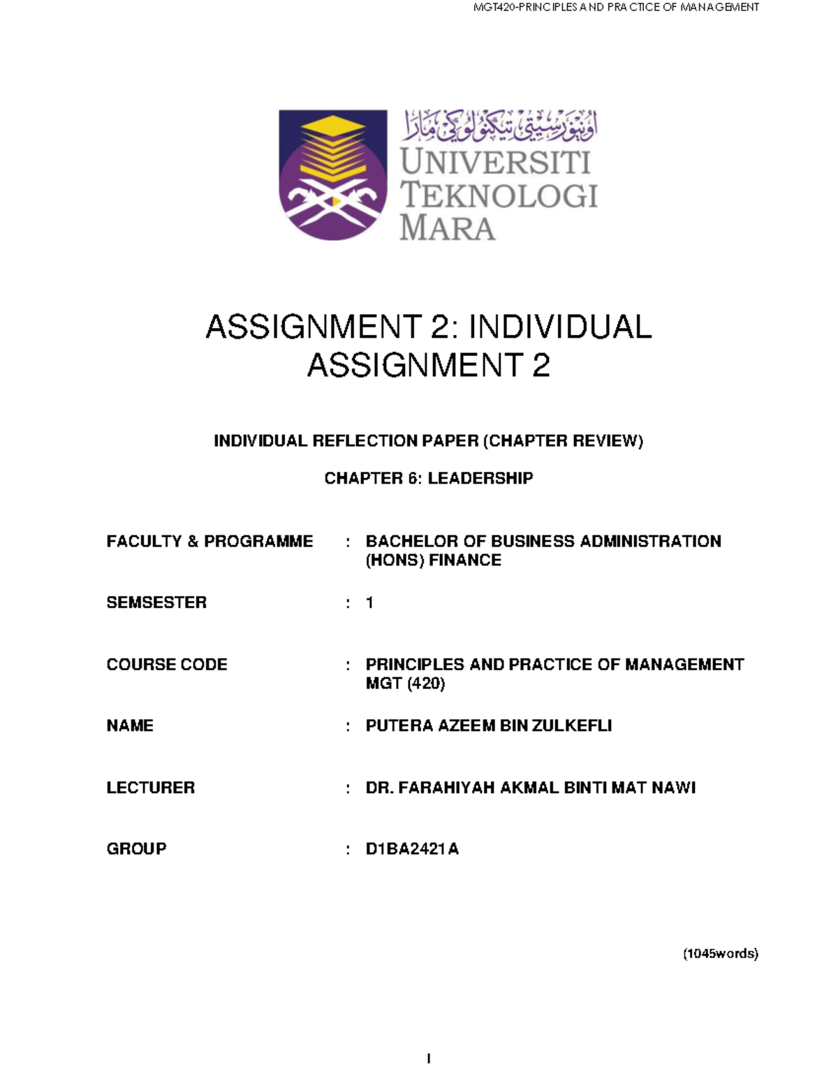 MGT refflection essay - ASSIGNMENT 2: INDIVIDUAL ASSIGNMENT 2 INDIVIDUAL REFLECTION PAPER ...