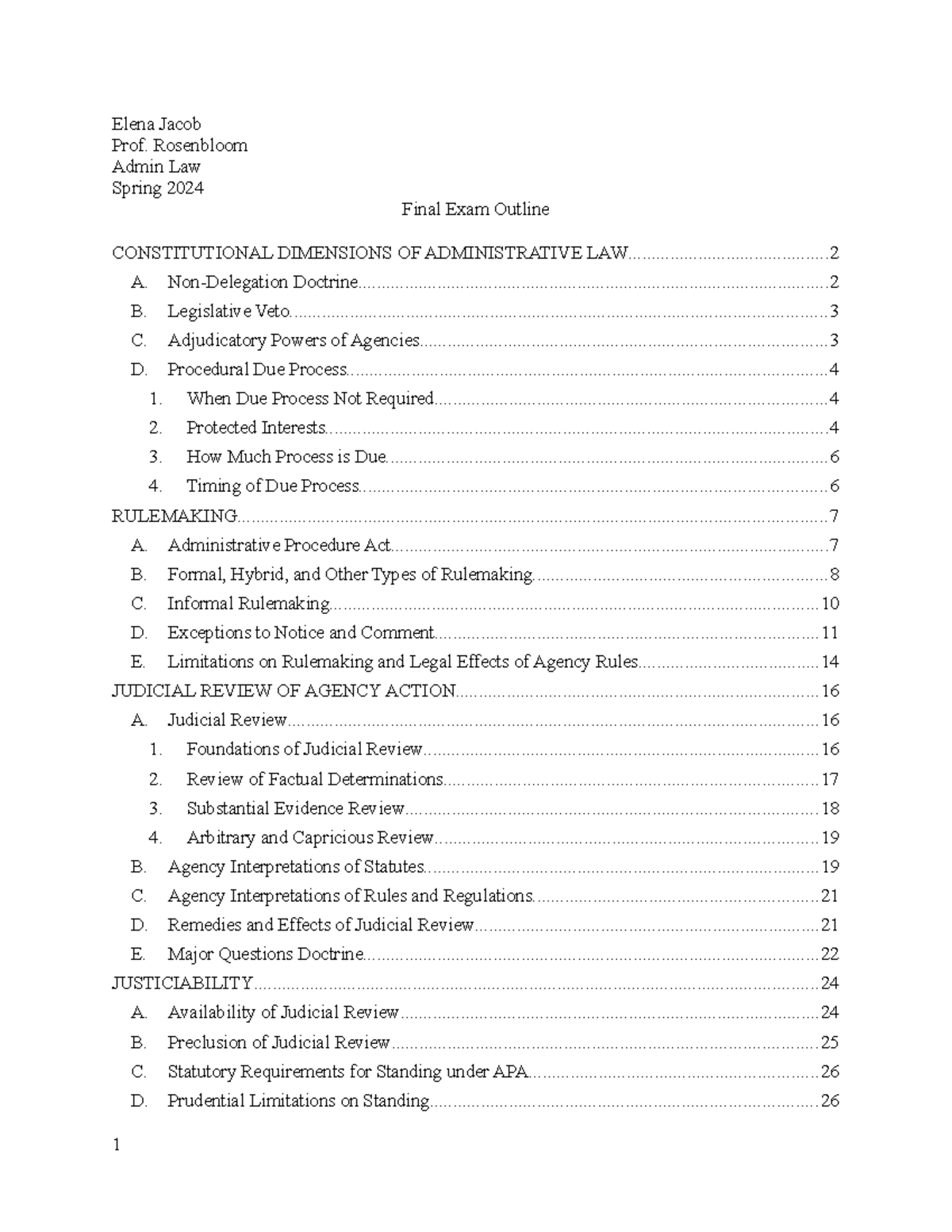 Final Exam Outline - Elena Jacob Prof. Rosenbloom Spring Admin Law ...