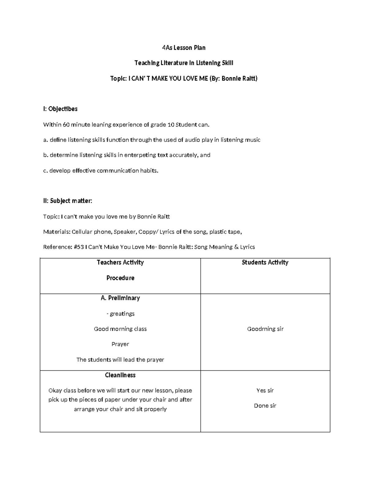 4As Lesson Plan - 4As Lesson Plan Teaching Literature in Listening ...
